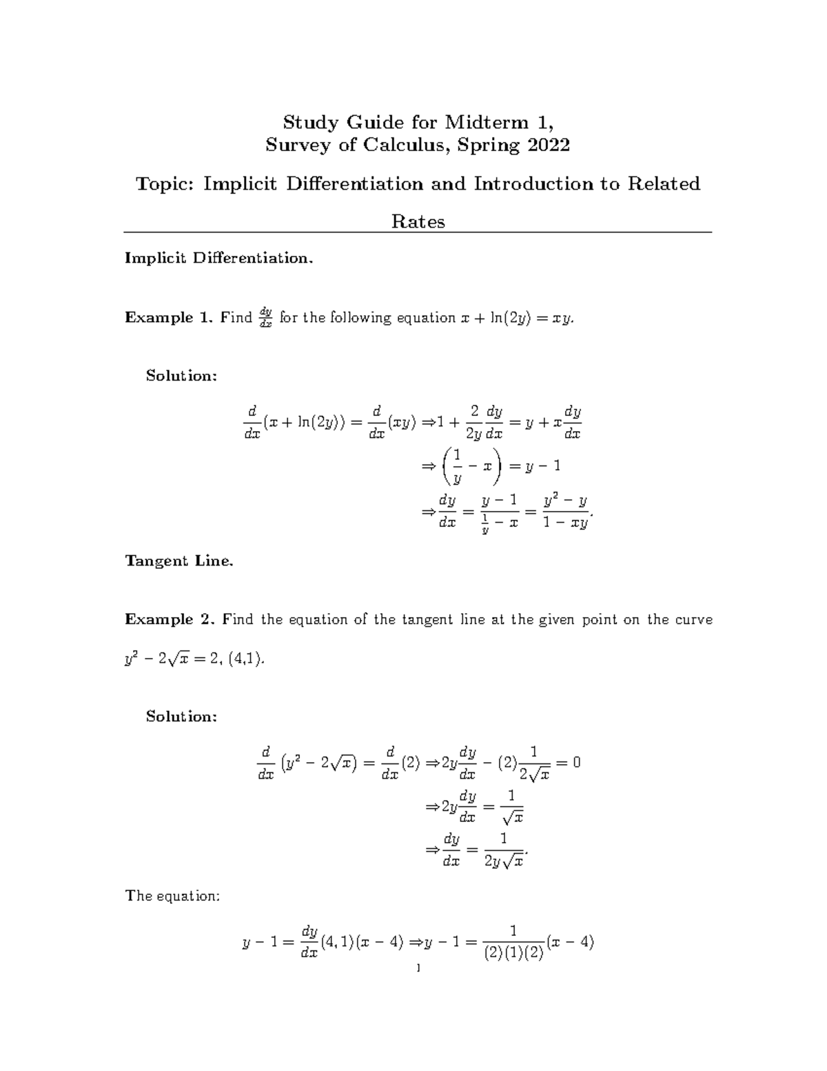 1stmidtermstudyguide - Study Guide for Midterm 1, Survey of Calculus ...