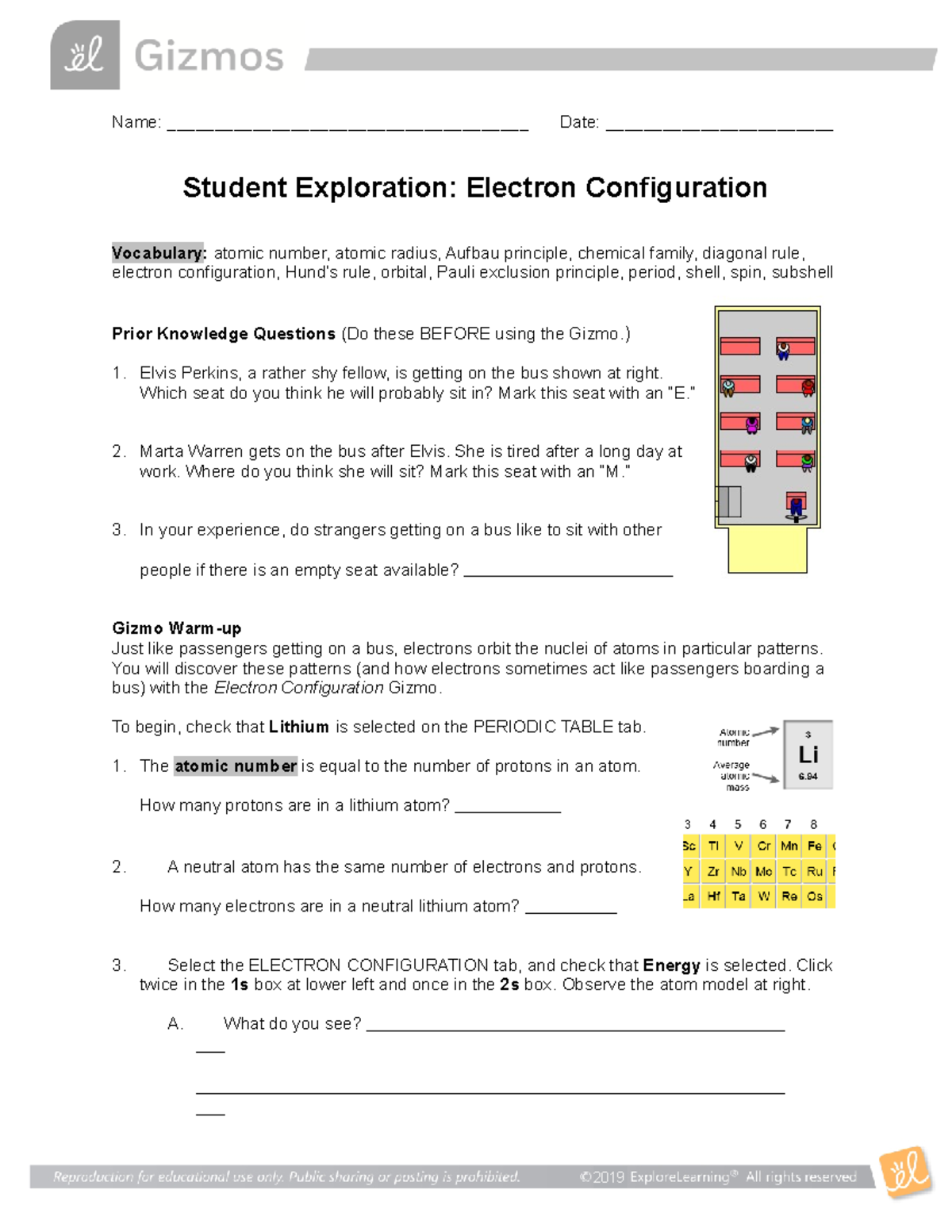 Gizmos Electron Configuration Student Worksheet - Name