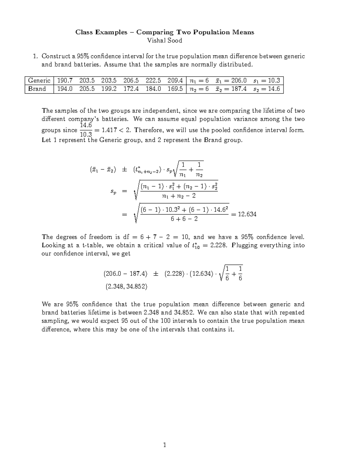 Class Examples - Comparing Two Population Means Solutions - Class ...