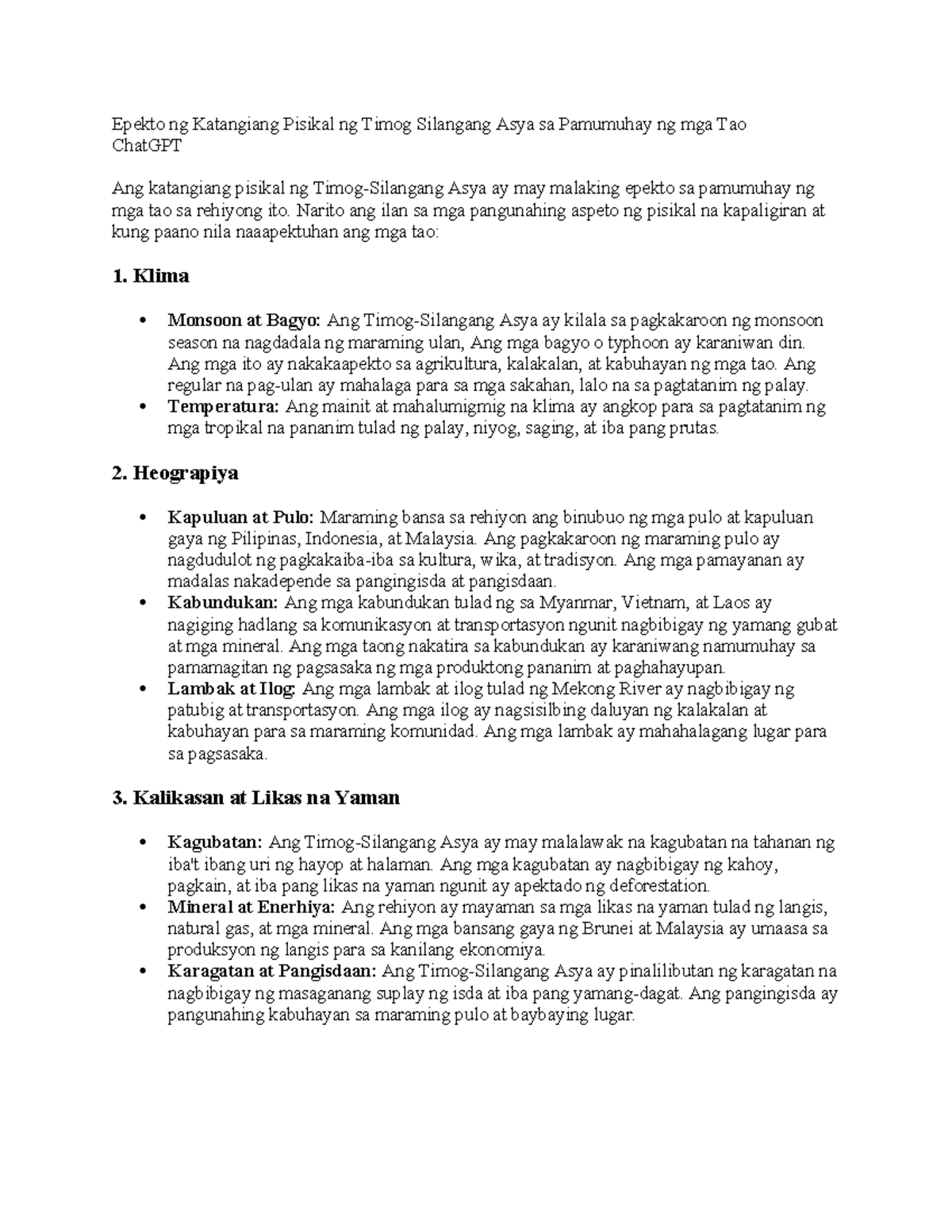 Epekto ng Katangiang Pisikal ng Timog Silangang Asya sa Pamumuhay ng ...