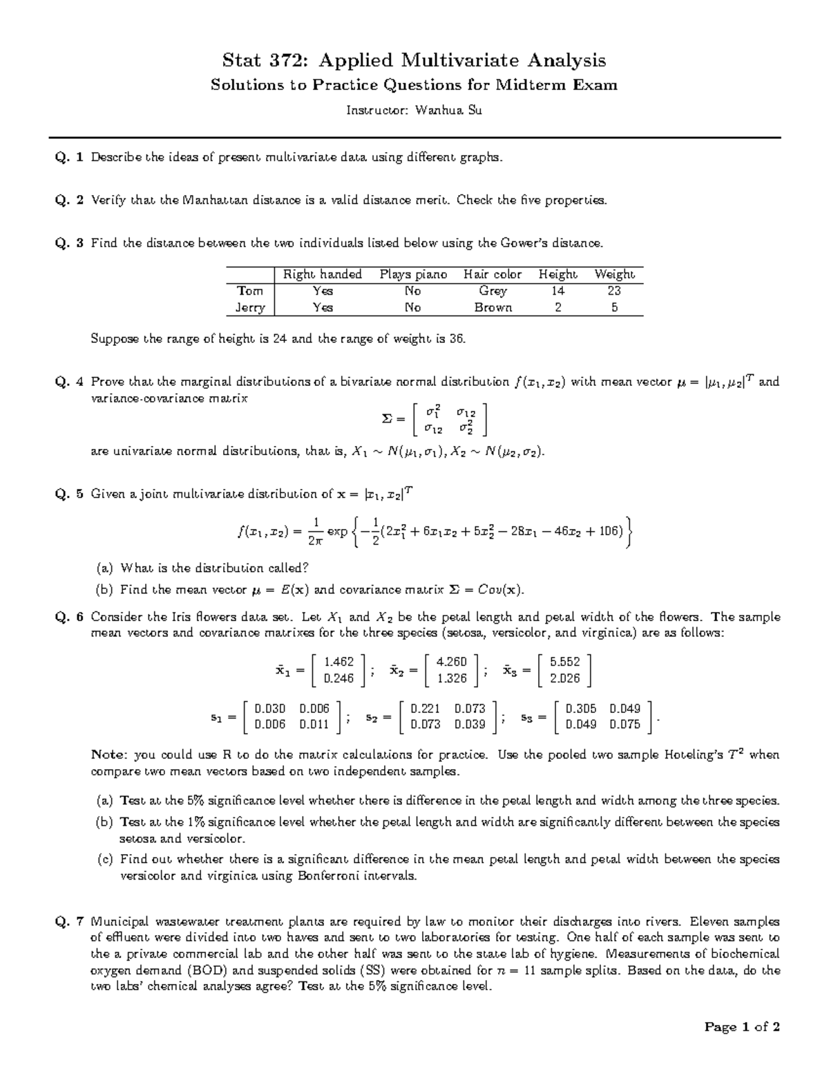 Stat372 practice midterm - Stat 372: Applied Multivariate Analysis Solutions to Practice ...