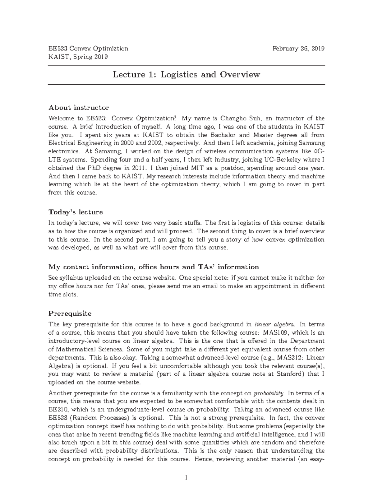 Convex Optimazation Lecture Ee523 Convex Optimiztion Kaist Spring