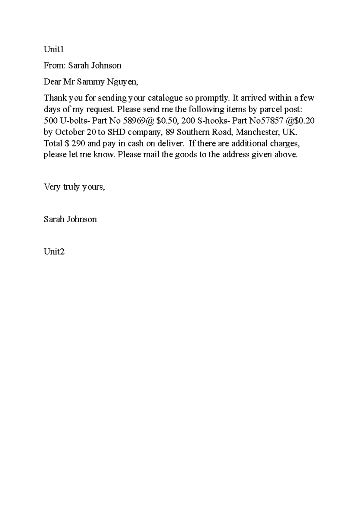 Freetalkcơ bản 3 - no dừng lại - Unit From: Sarah Johnson Dear Mr Sammy ...