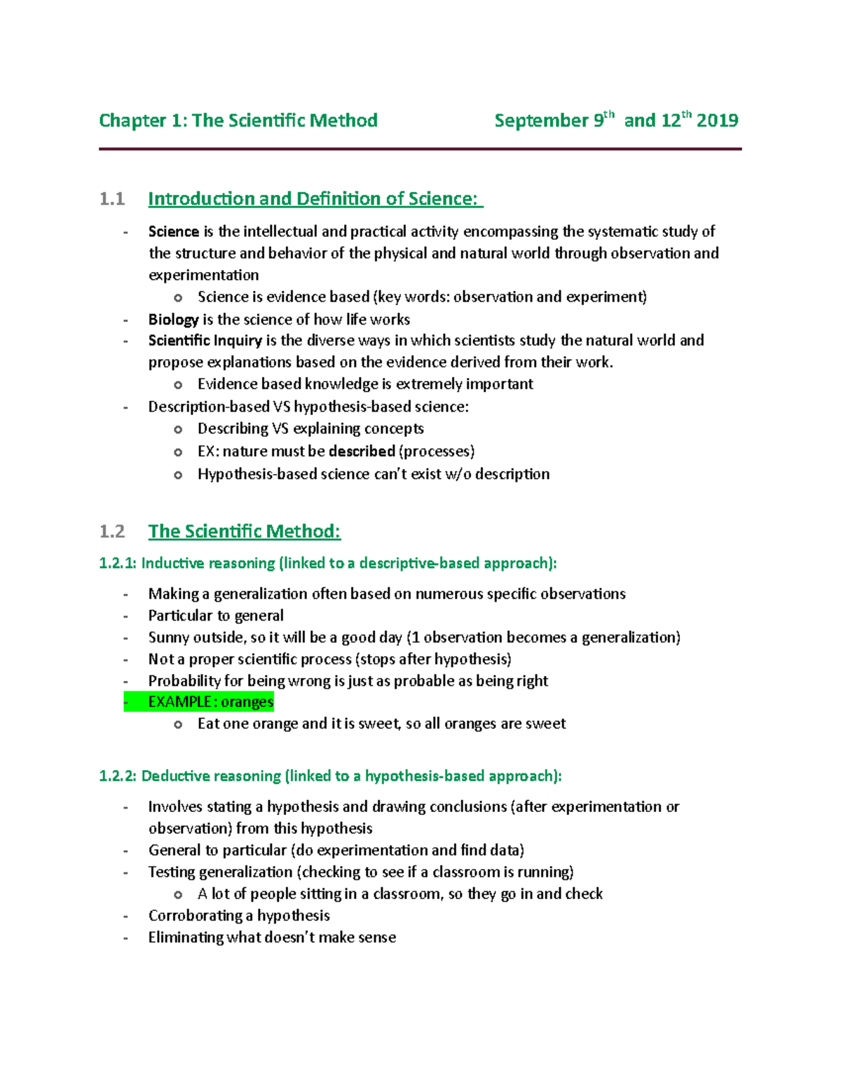 BIO 1130 - Chapter 1 - Chapter 1: The Scientific Method September 9th ...