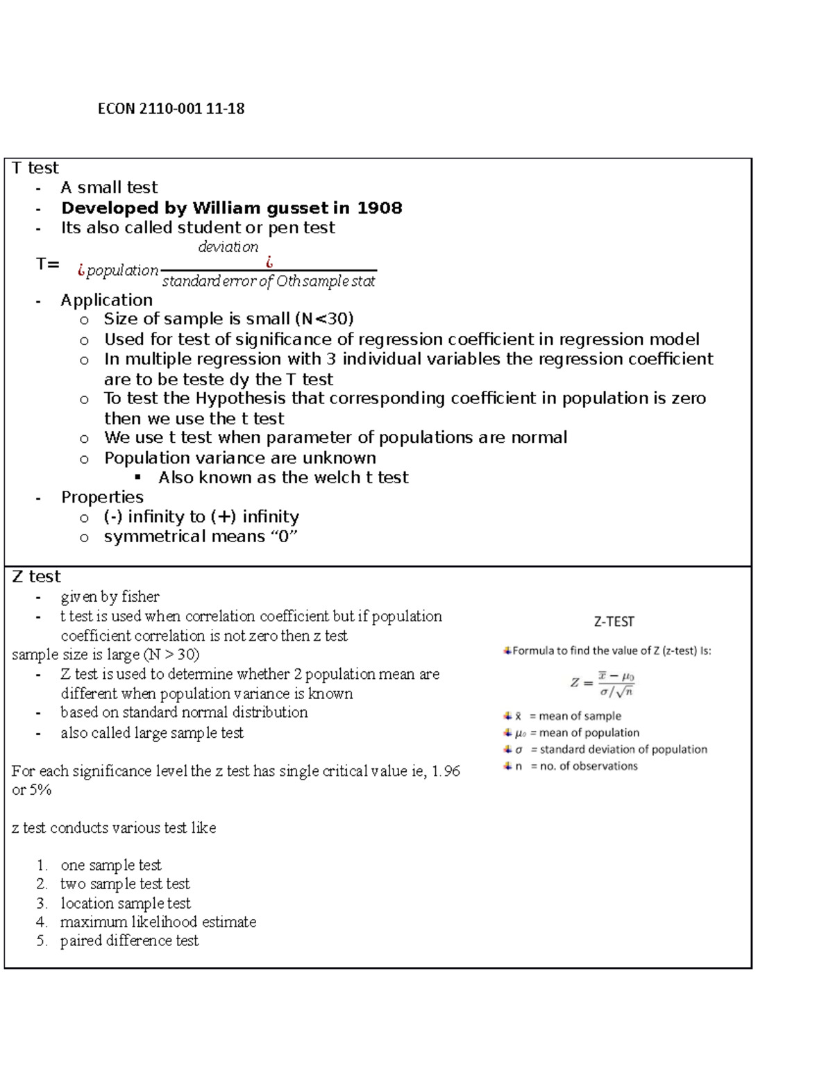 ECON 211 0-001 11-18 - Lecture notes 1 - ECON 2110-001 11- T test - A ...