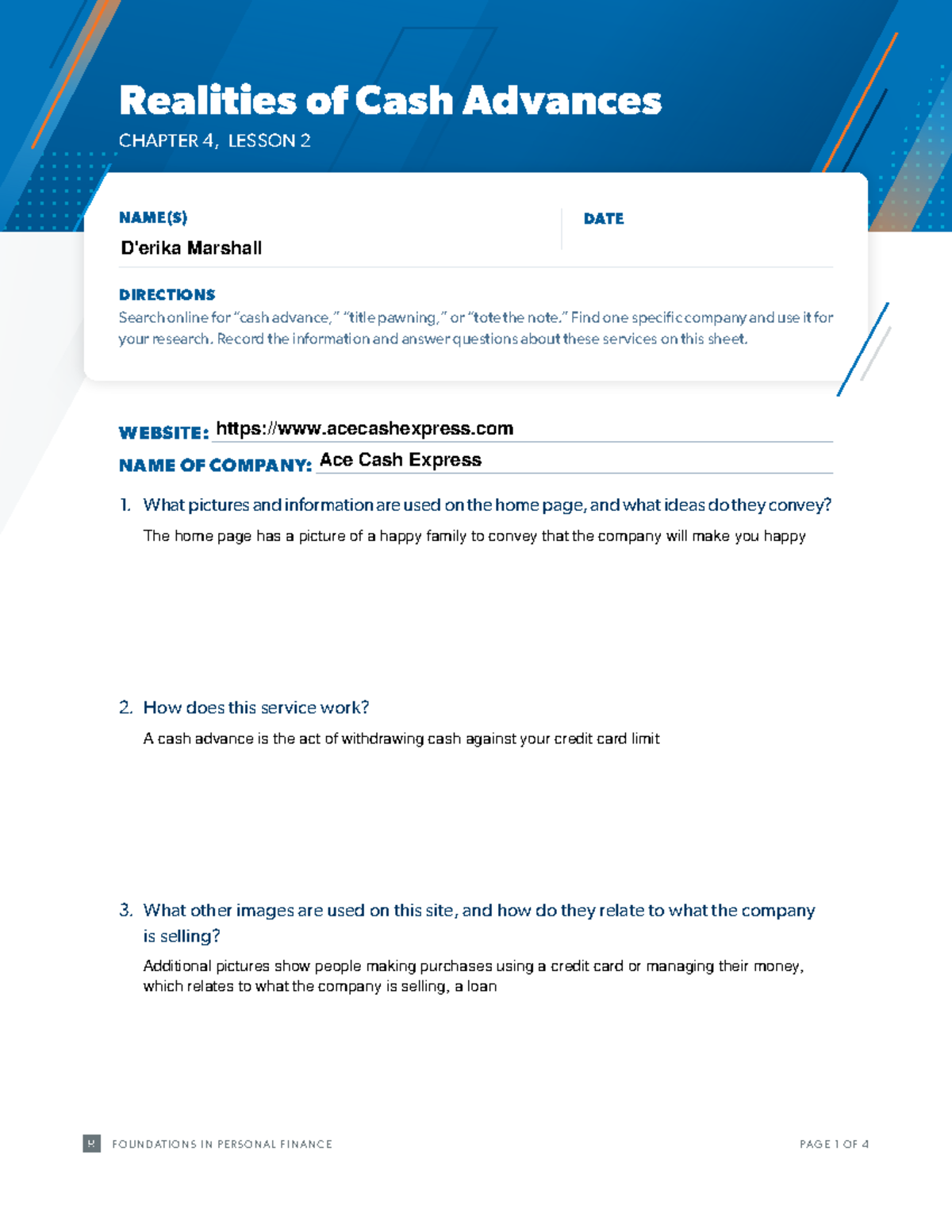 chapter 2 lesson 2 - CHAPTER 4, LESSON 2 NAME(S) DATE DIRECTIONS Search online for “cash advance ...