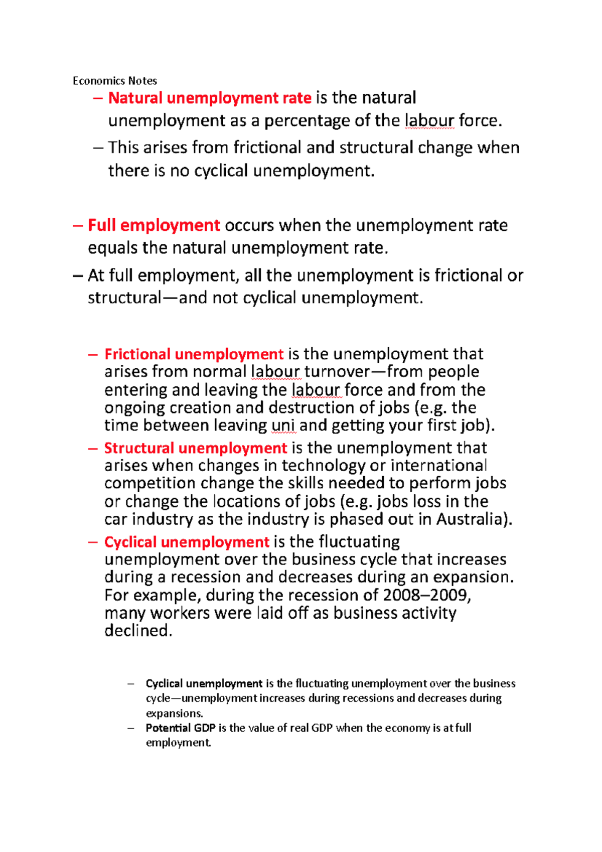 Economics Notes - Economics Notes Cyclical unemployment is the ...