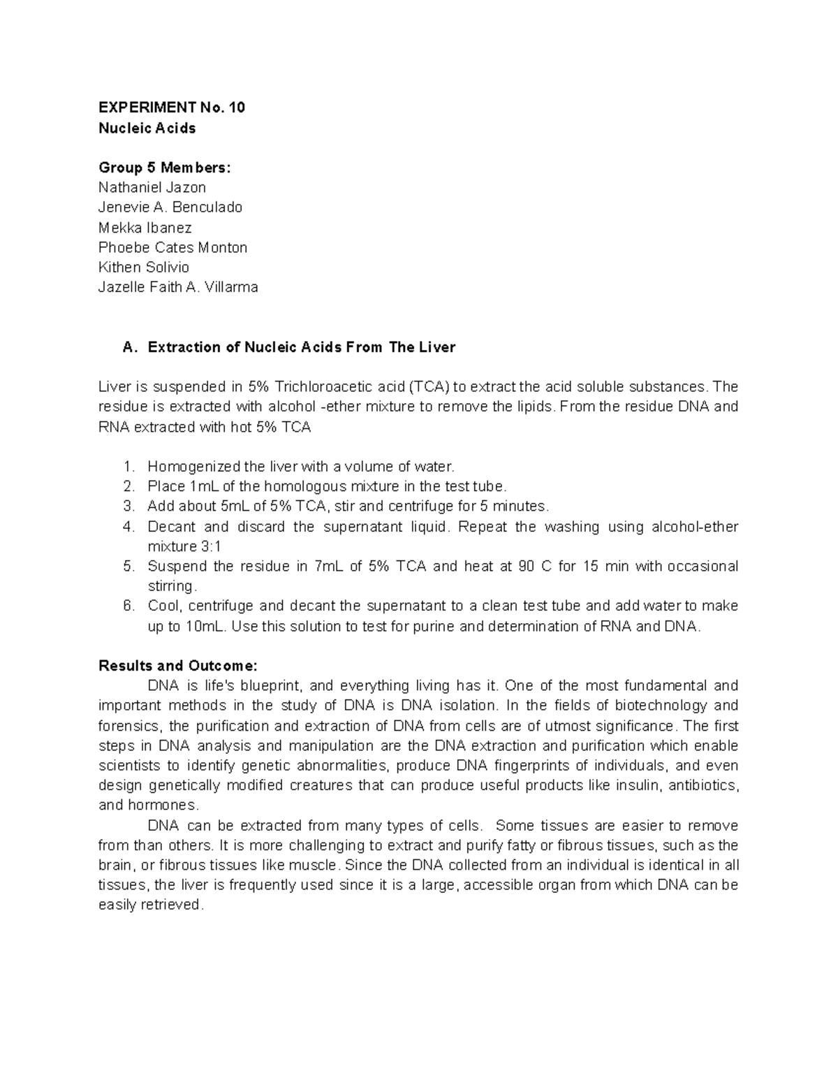 Final Group 5 Biochem Laboratory Experiments 10 (A,C,) - EXPERIMENT No ...