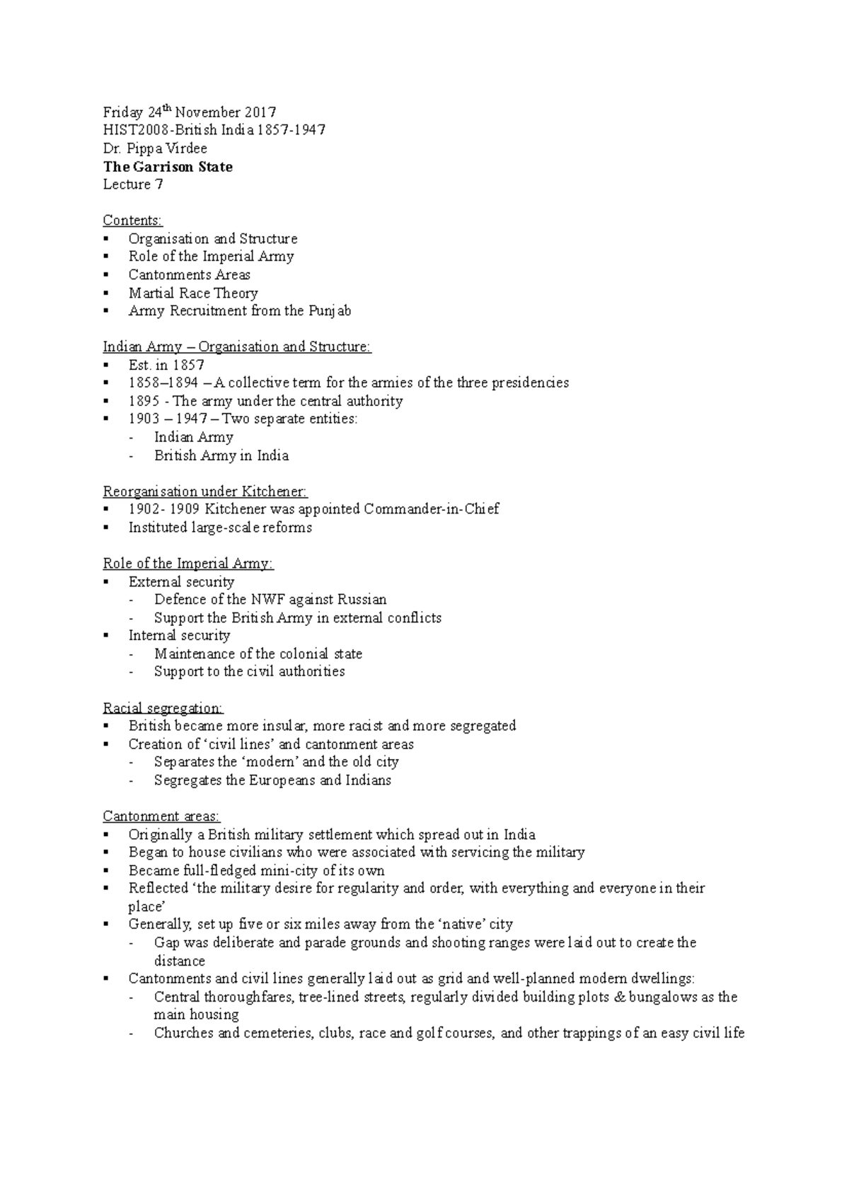 British India Lecture 7 - The Garrison State - Friday 24th November ...