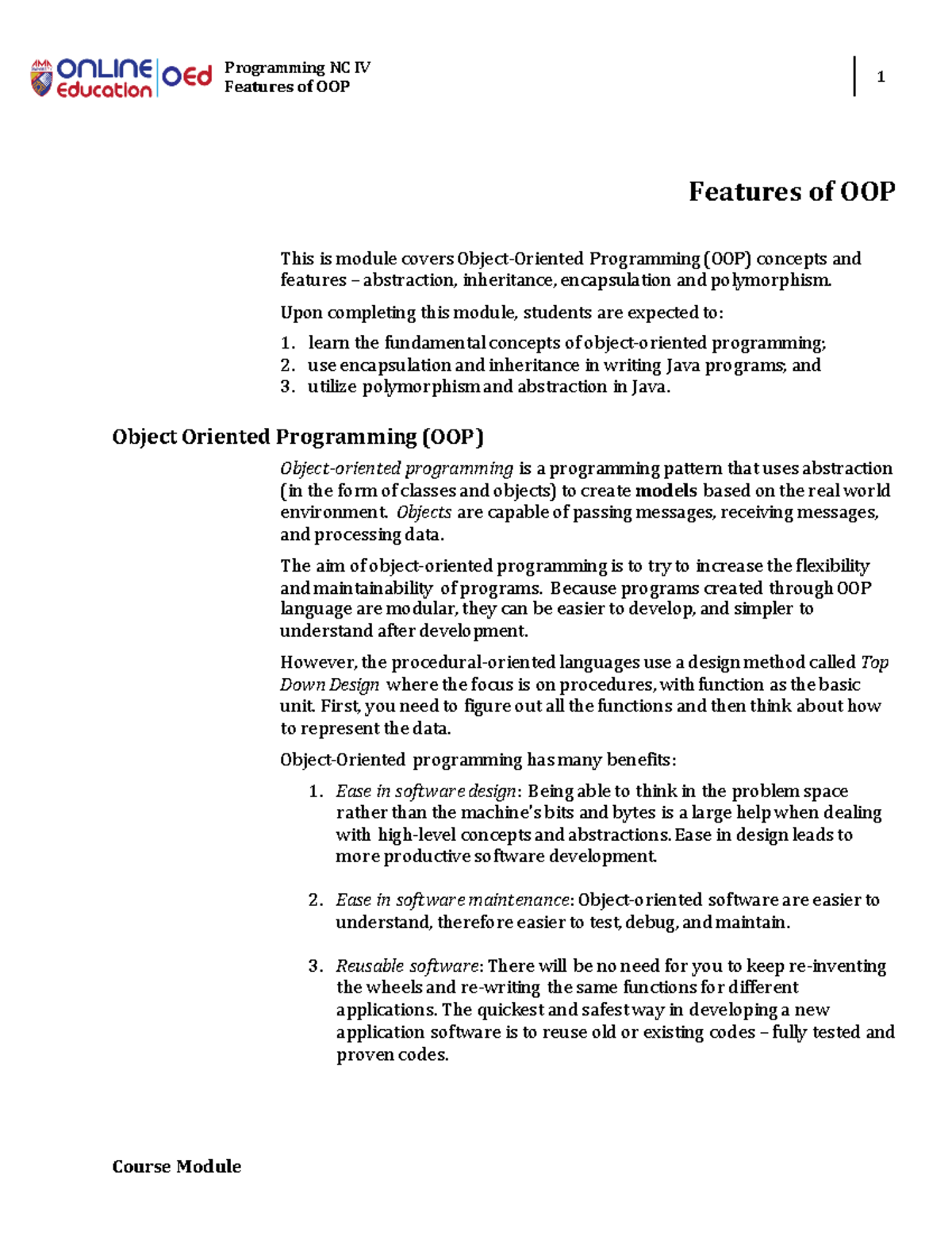 Week 008-Module Features Of OOP - Programming NC IV Features of OOP 1 Course Module Features of ...