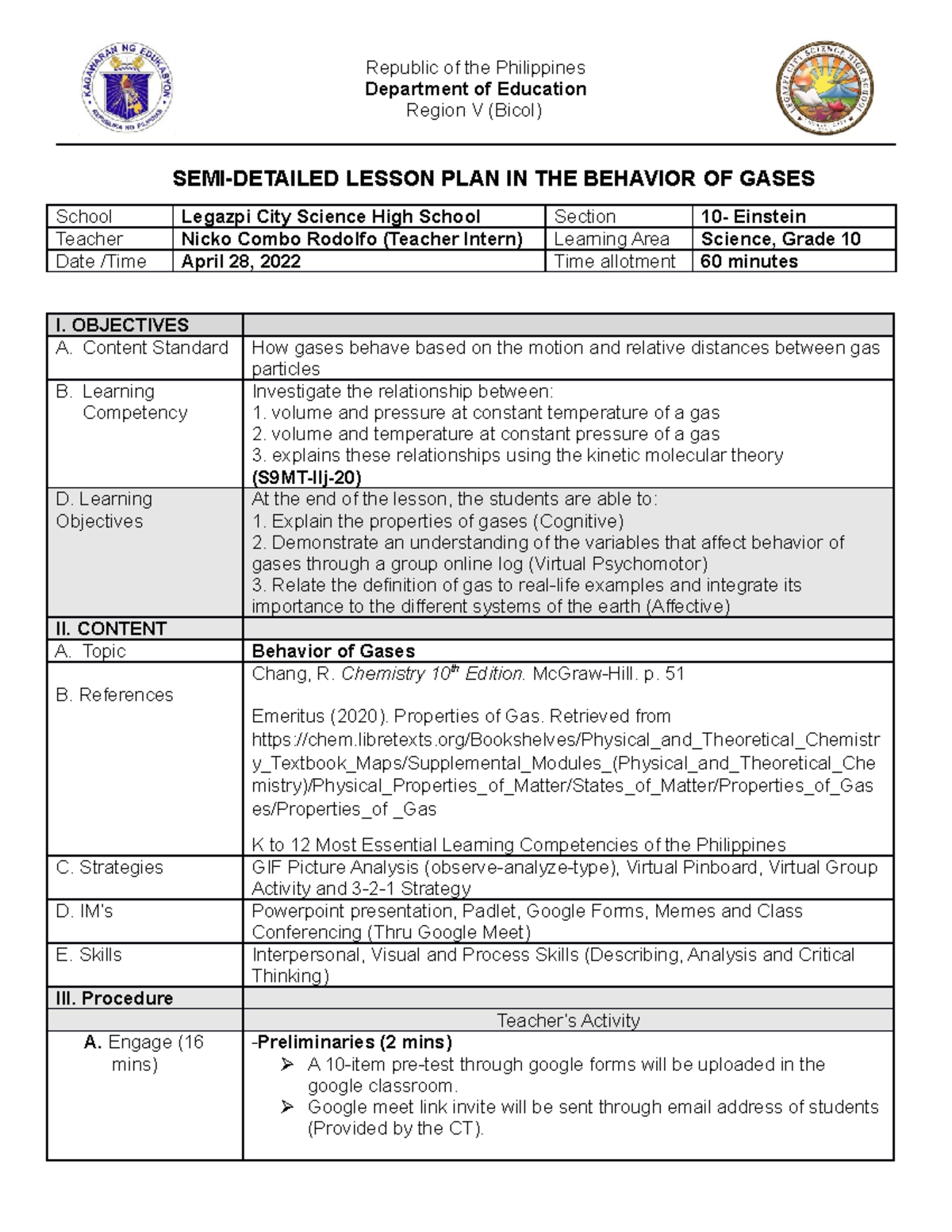 (Revised)Behavior of Gases Lesson Plan - Republic of the Philippines ...