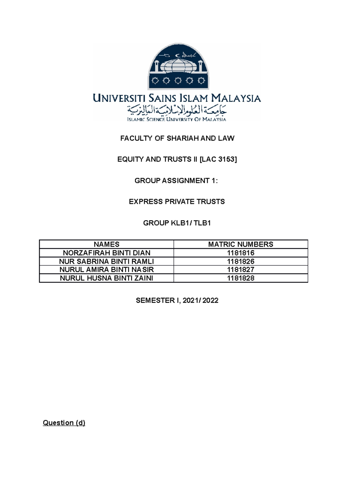 Group 3 Express Private Trusts - FACULTY OF SHARIAH AND LAW EQUITY AND TRUSTS II [LAC 3153 ...