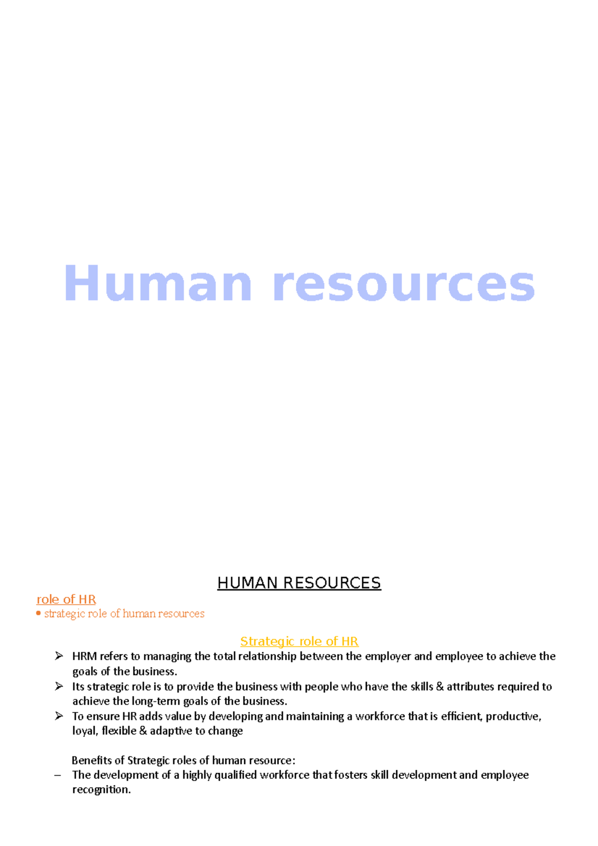 HR Business Notes - Human Resources - Human resources HUMAN RESOURCES ...