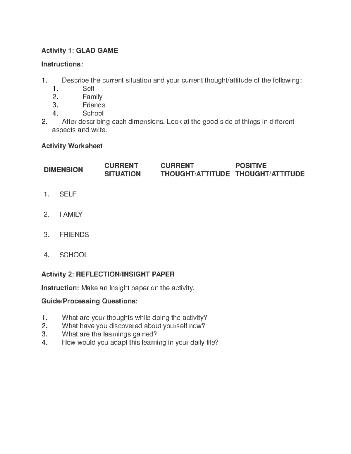 Glad Game - dddddddddddddddddddddddddddddddddddd - Activity 1: GLAD ...