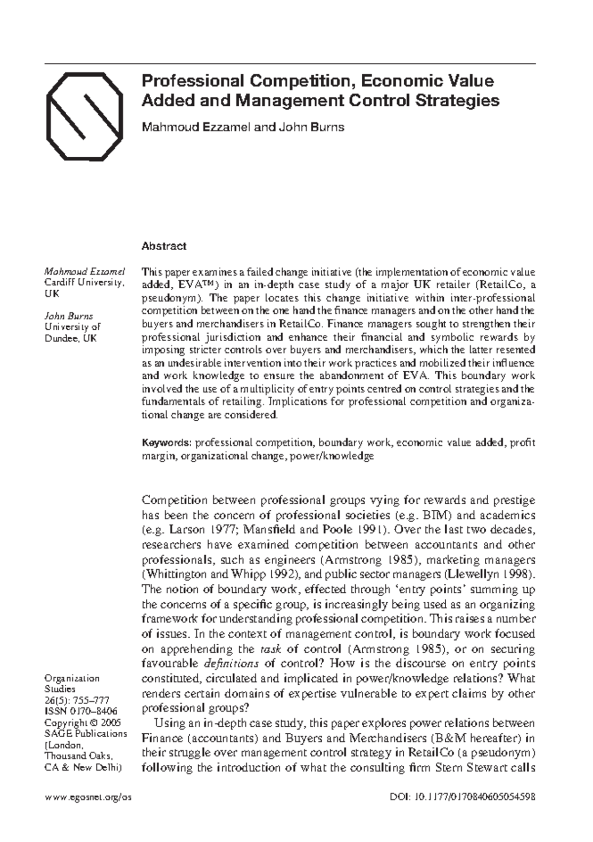 Ezzamel burns 2005 professional competition economic value added and ...