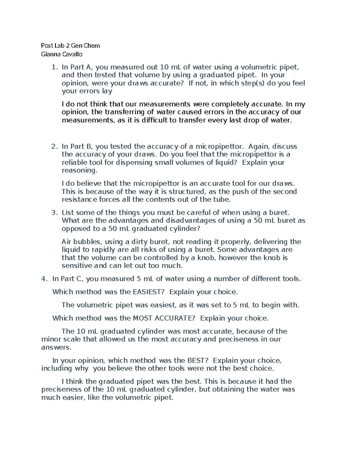 Che105 post lab 2 - chemistry I post-lab 5 - Post Lab 2 Gen Chem Gianna ...