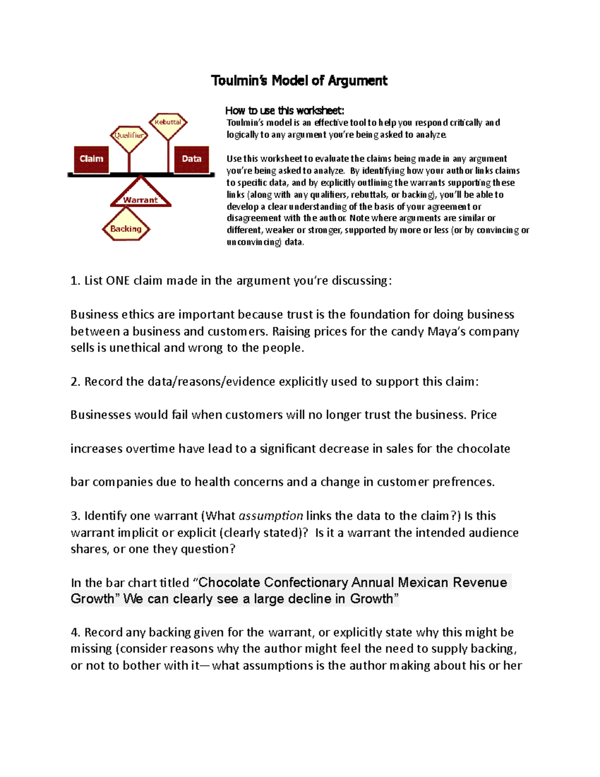 Toulmin Worksheet - Toulmin’s Model of Argument How to use this ...