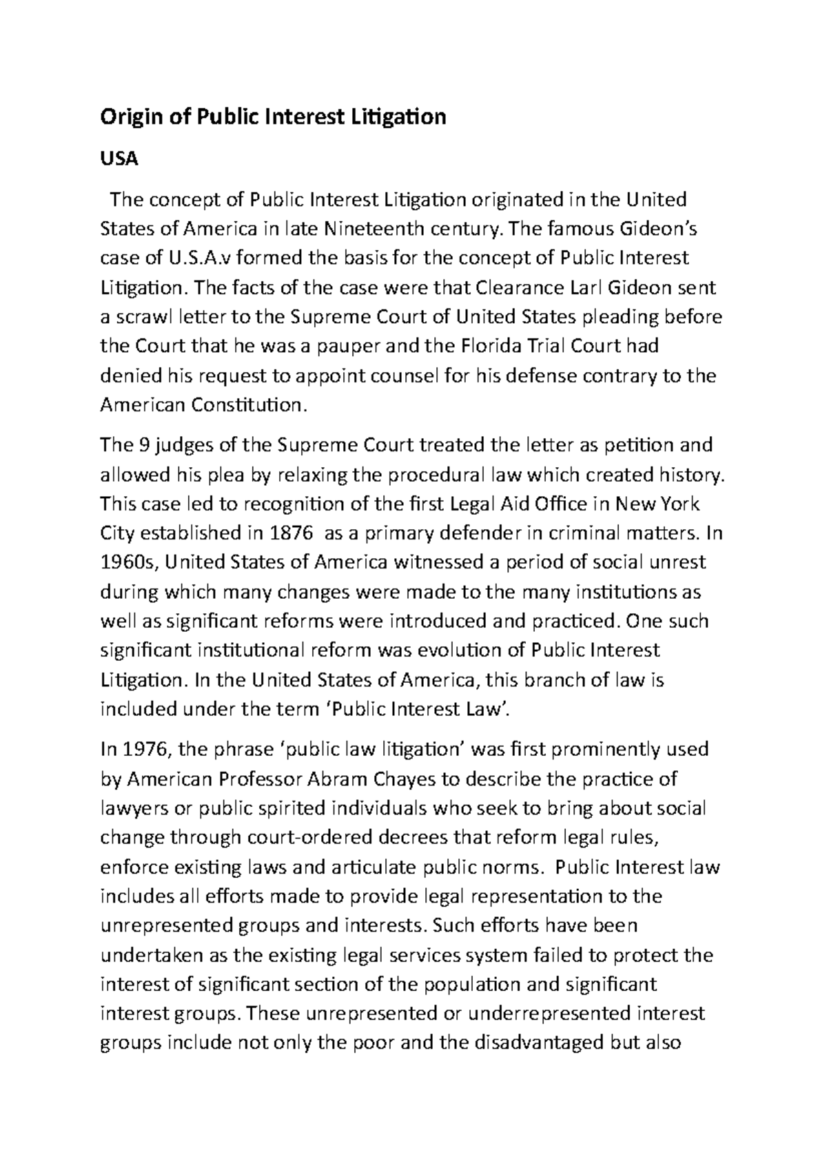 Origin of Public Interest Litigation - Origin of Public Interest Litigation USA The concept of ...