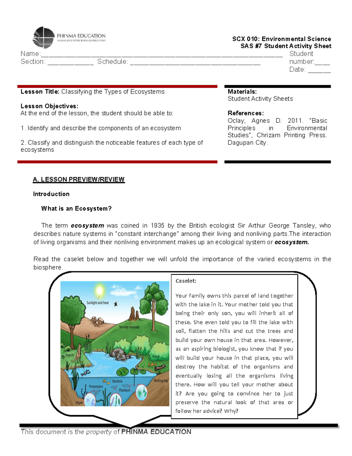 Classifying the Types of Ecosystems - SAS # 7 Student Activity Sheet ...