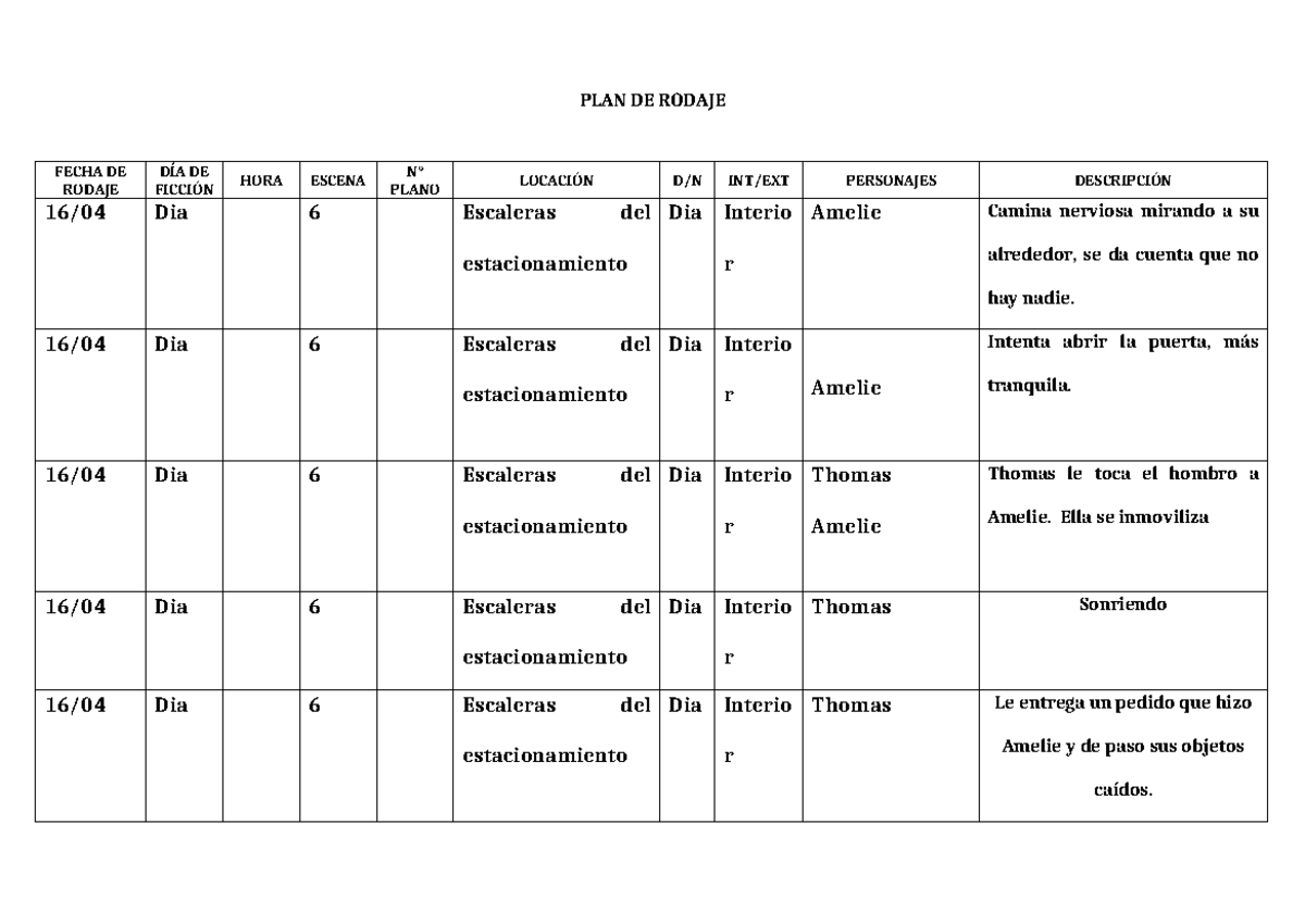 Formato plan de rodaje detallado - PLAN DE RODAJE FECHA DE RODAJE DÍA ...