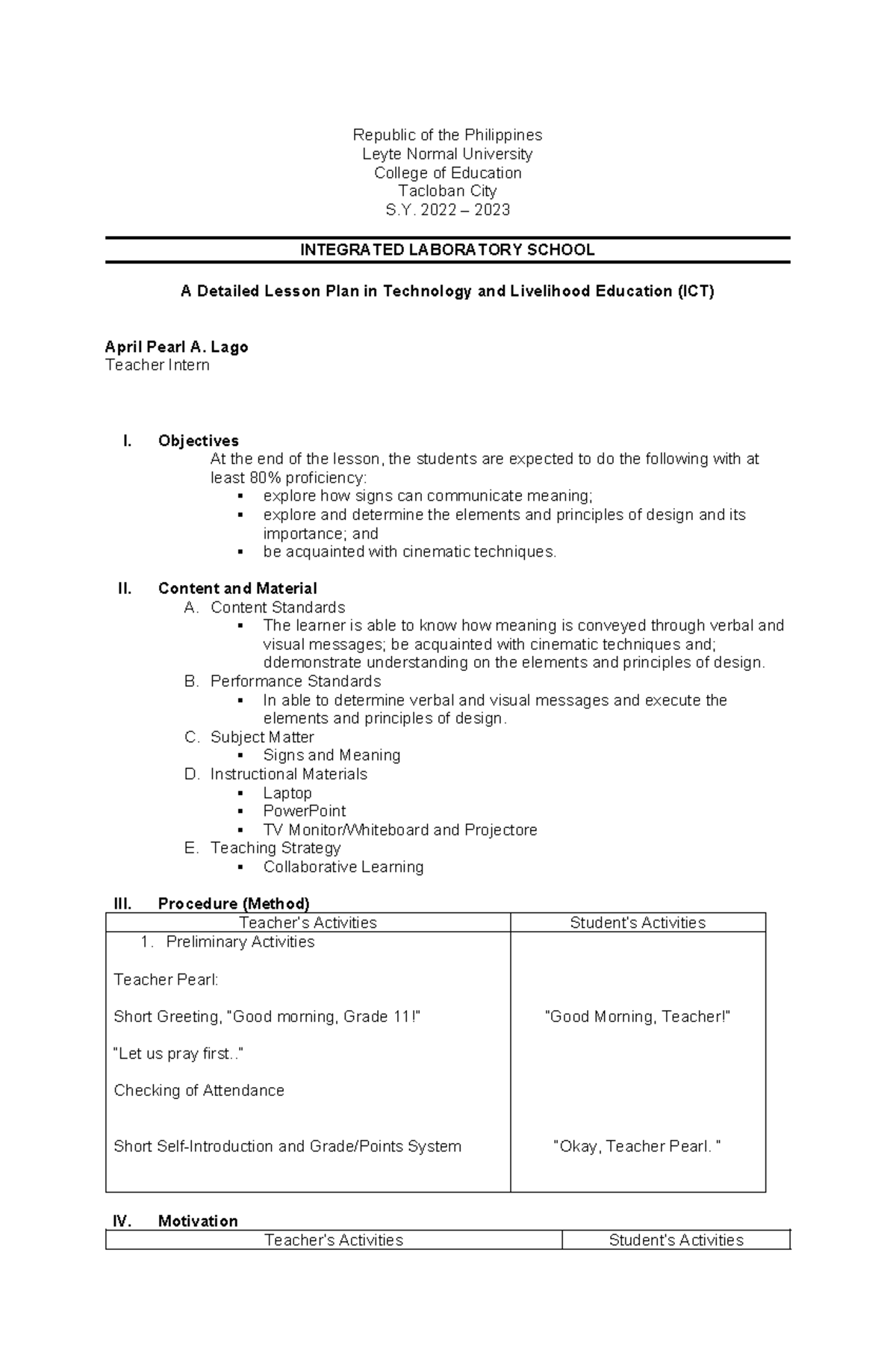 G11 - Detailed Lesson PLAN - Signs AND Meaning - TLE - ICT - ILS ...