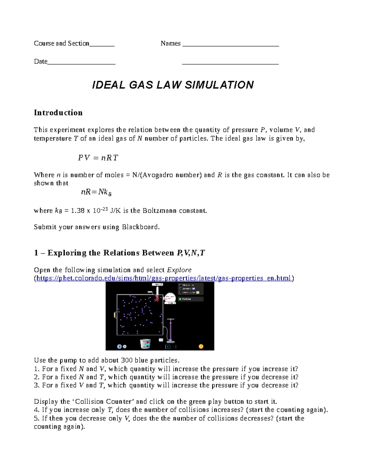 Ideal Gas Law SIM - Lol - Course and Section_______ Names ...