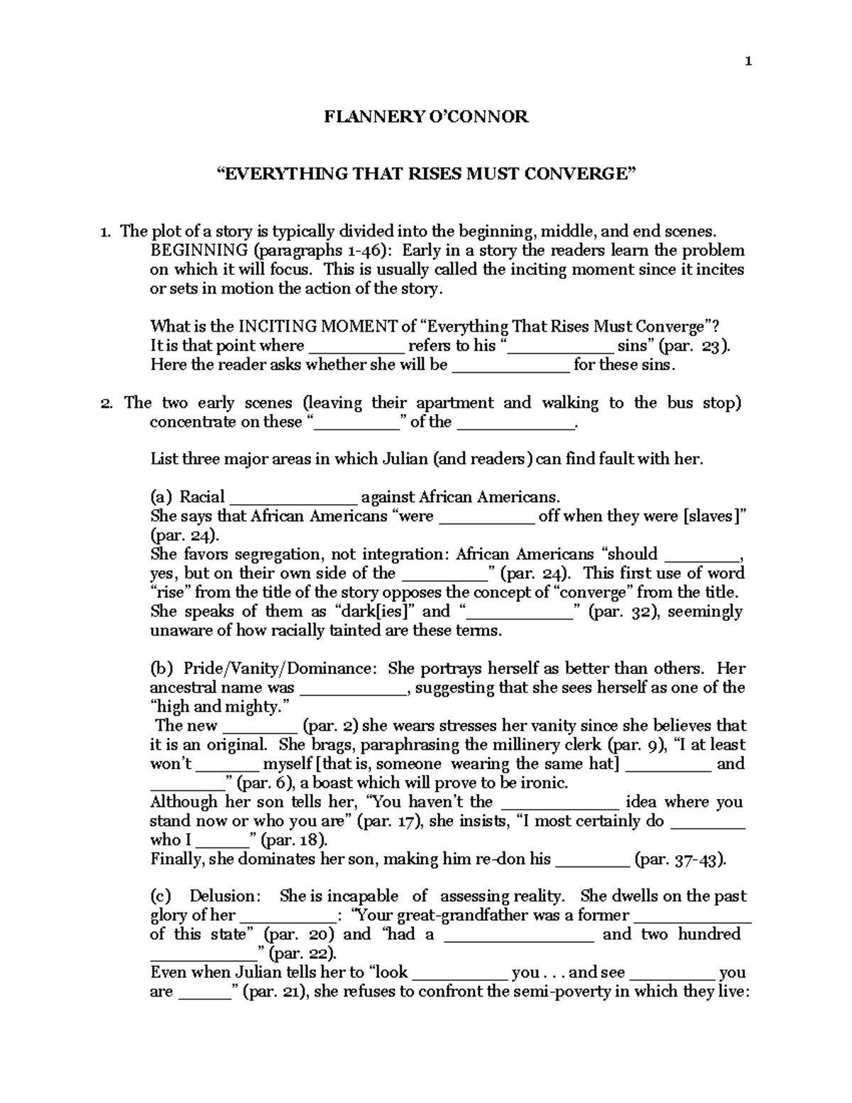 Flannery OConnors Everything That Rises Must Converge Handout-1 ...