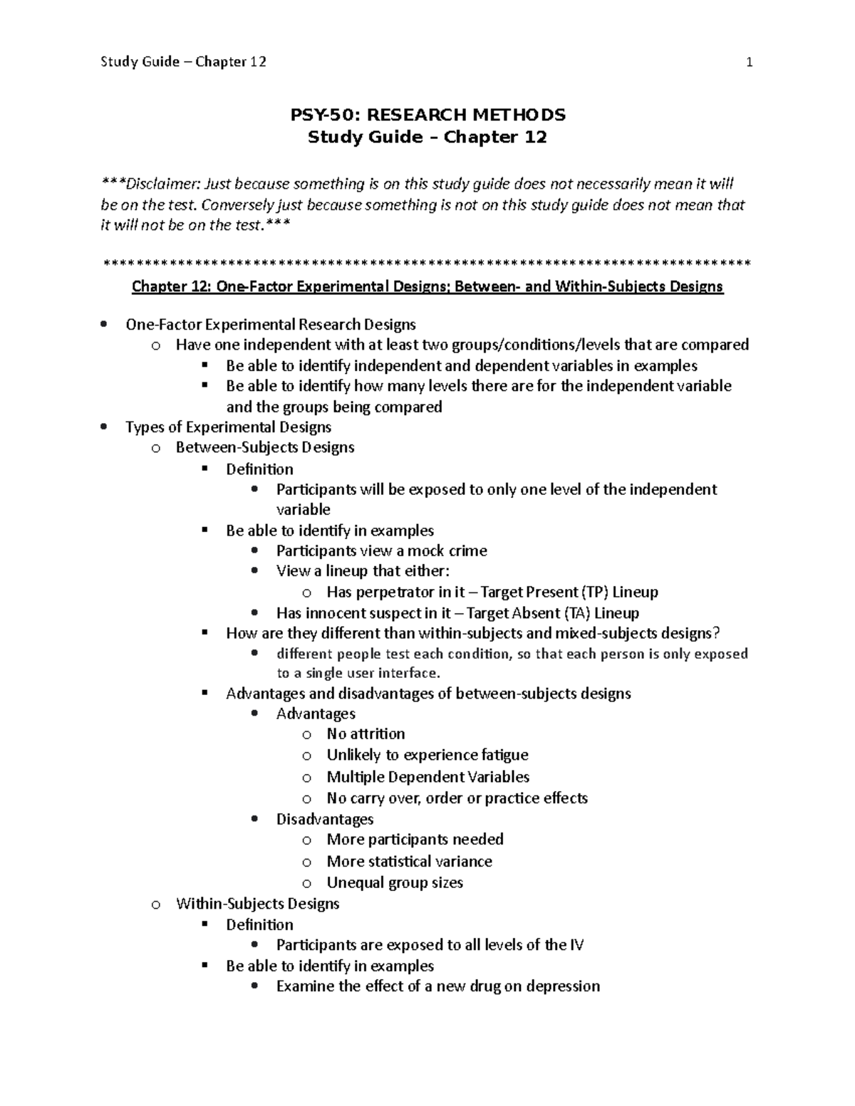PSY 50 - Chapter 12. Study Guide - Study Guide – Chapter 12 1 PSY-50: RESEARCH METHODS Study ...