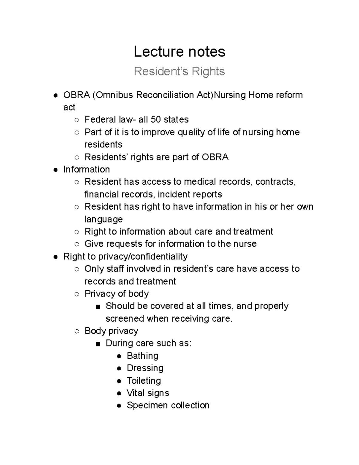 Resident's Rights Lecture notes - Lecture notes Resident’s Rights OBRA ...