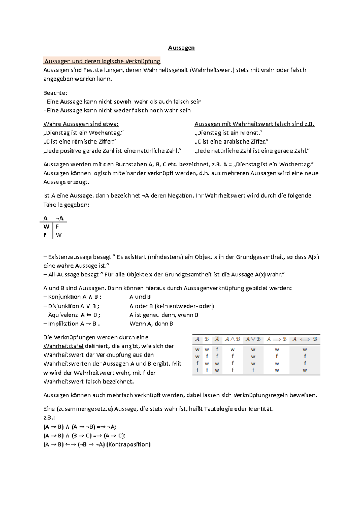 Mathematik I - Mathe 1 Zusammenfassung für die Klausur - Aussagen ...