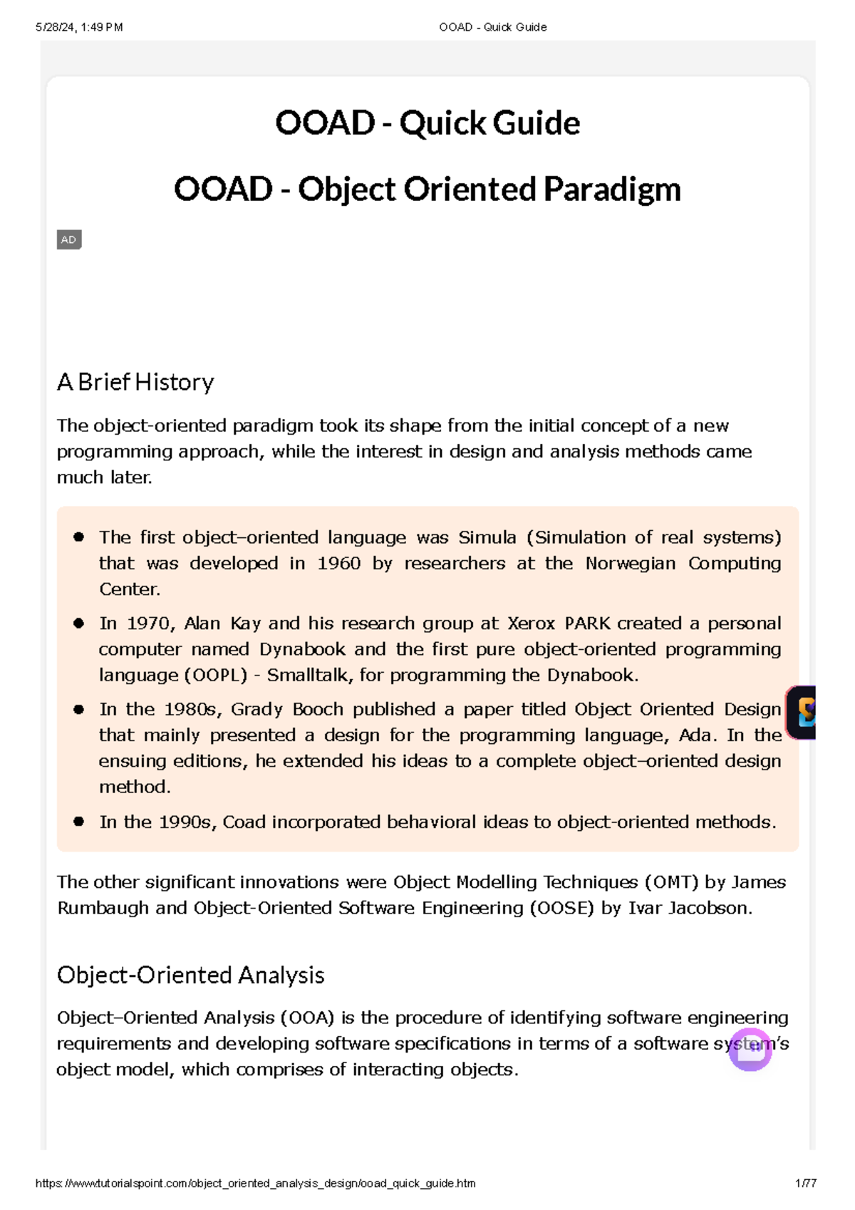 OOAD - Quick Guide - OOAD - OOAD - Quick Guide OOAD - Object Oriented Paradigm A Brief History ...