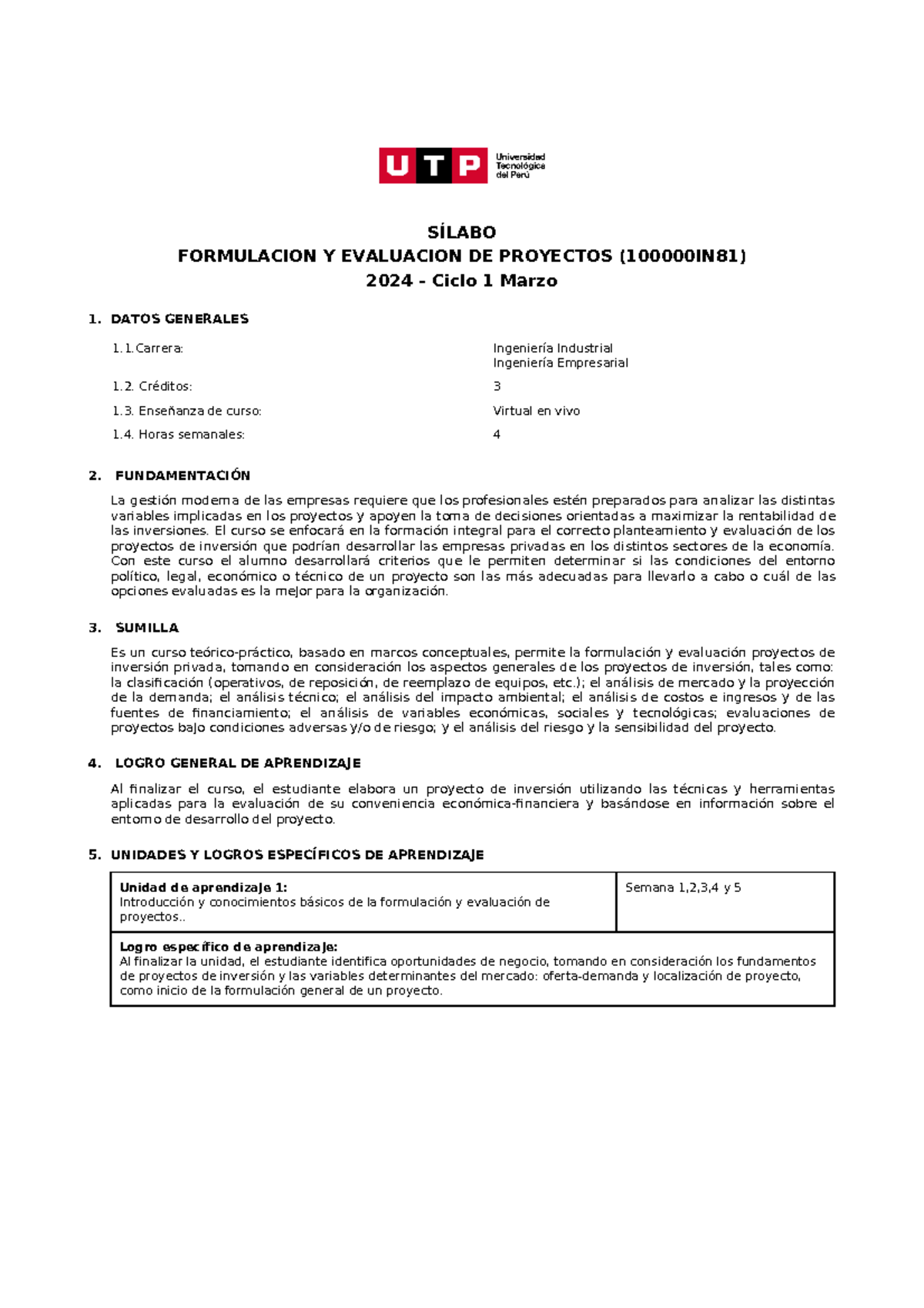 100000 IN81 Formulacion YEvaluacion De Proyectos - SÍLABO FORMULACION Y ...