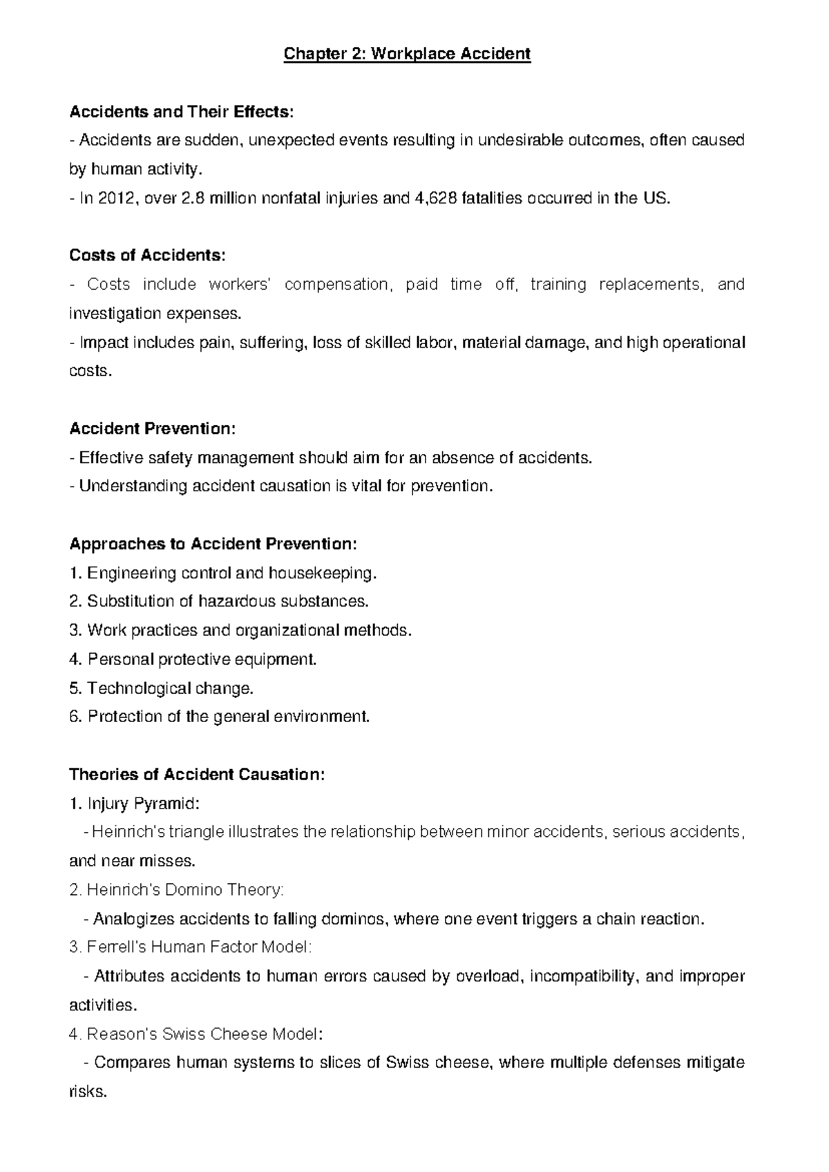 OSH NOTE - good note - Chapter 2: Workplace Accident Accidents and ...