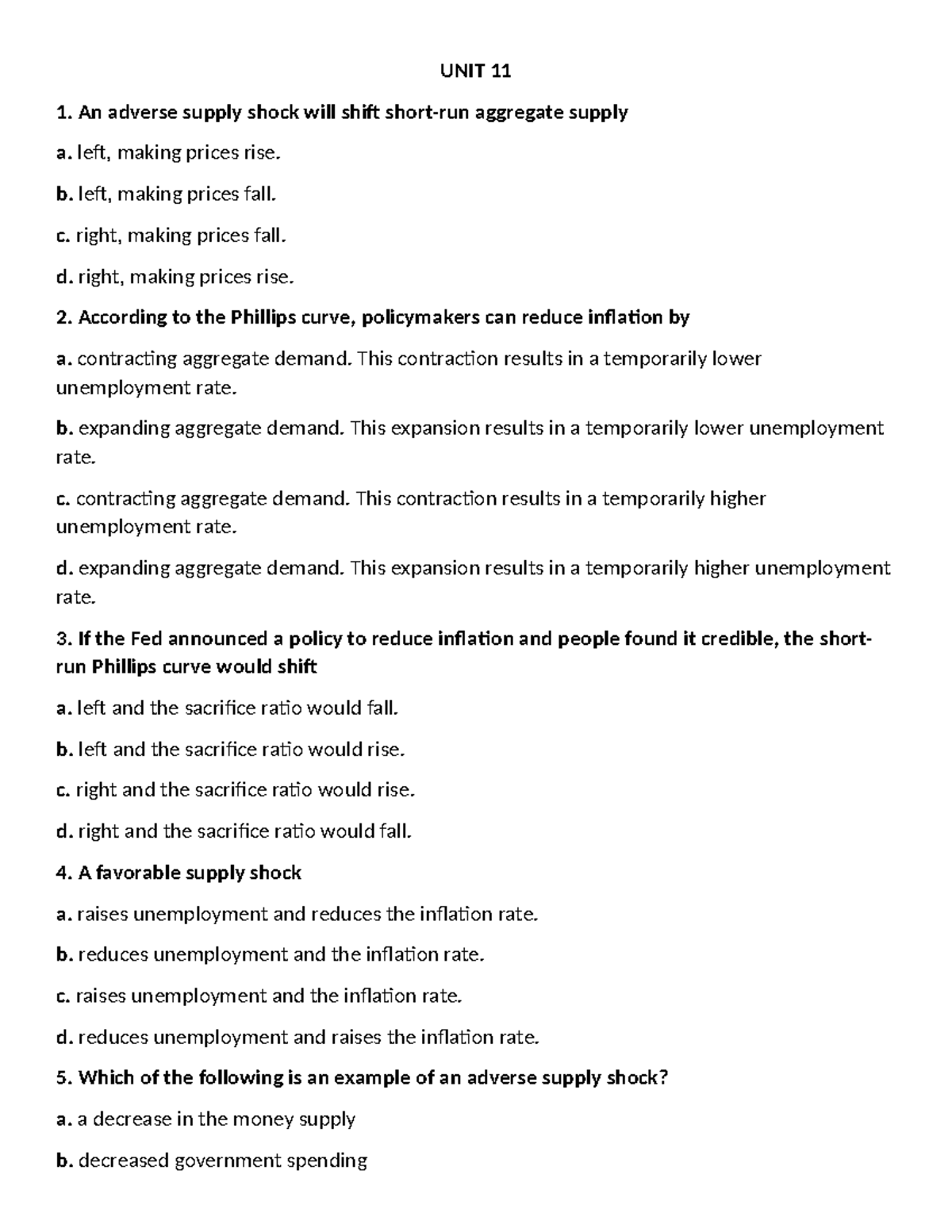 Quizz TEST UNIT 11 - macro unit 11 - UNIT 11 An adverse supply shock ...