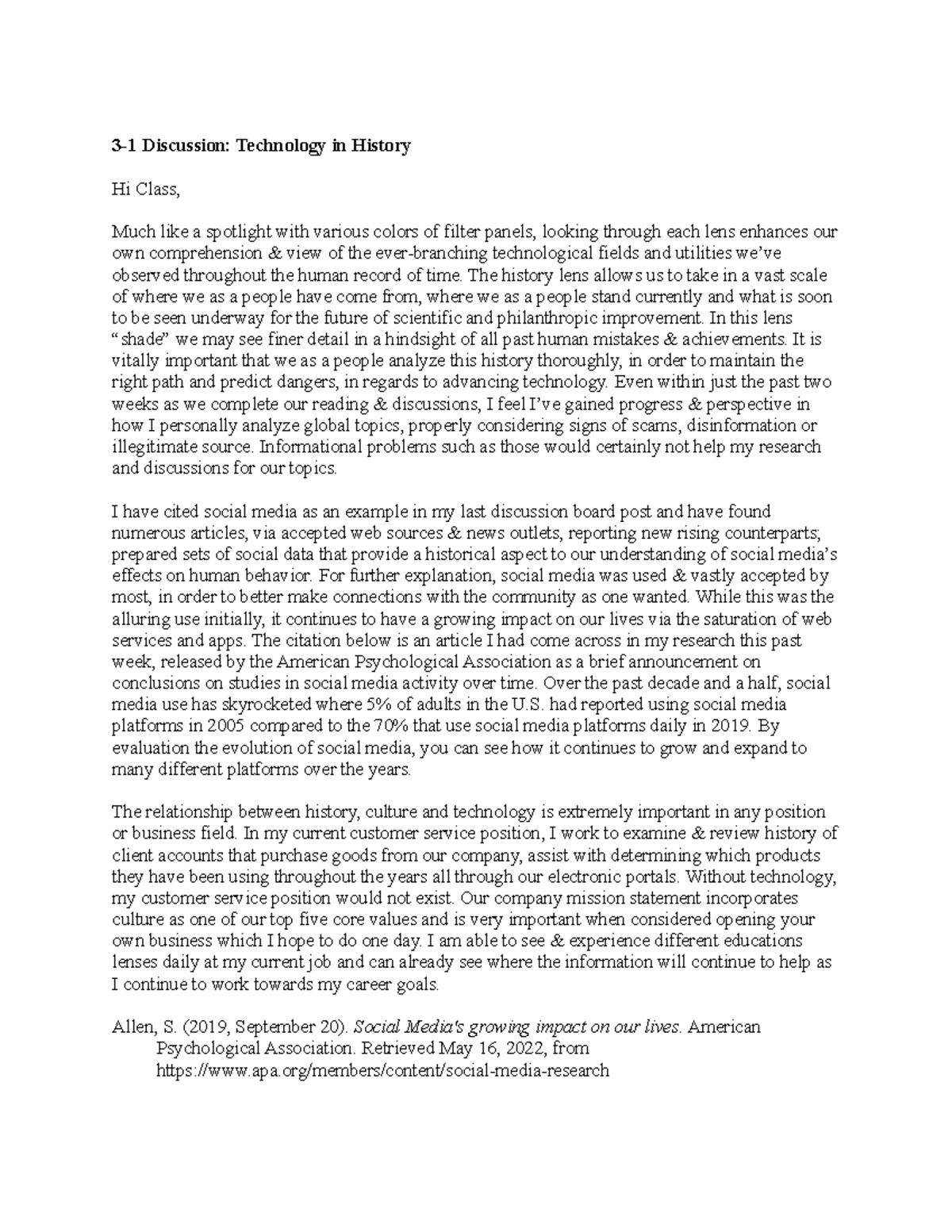 3-1 Discussion Technology in History - The history lens allows us to ...