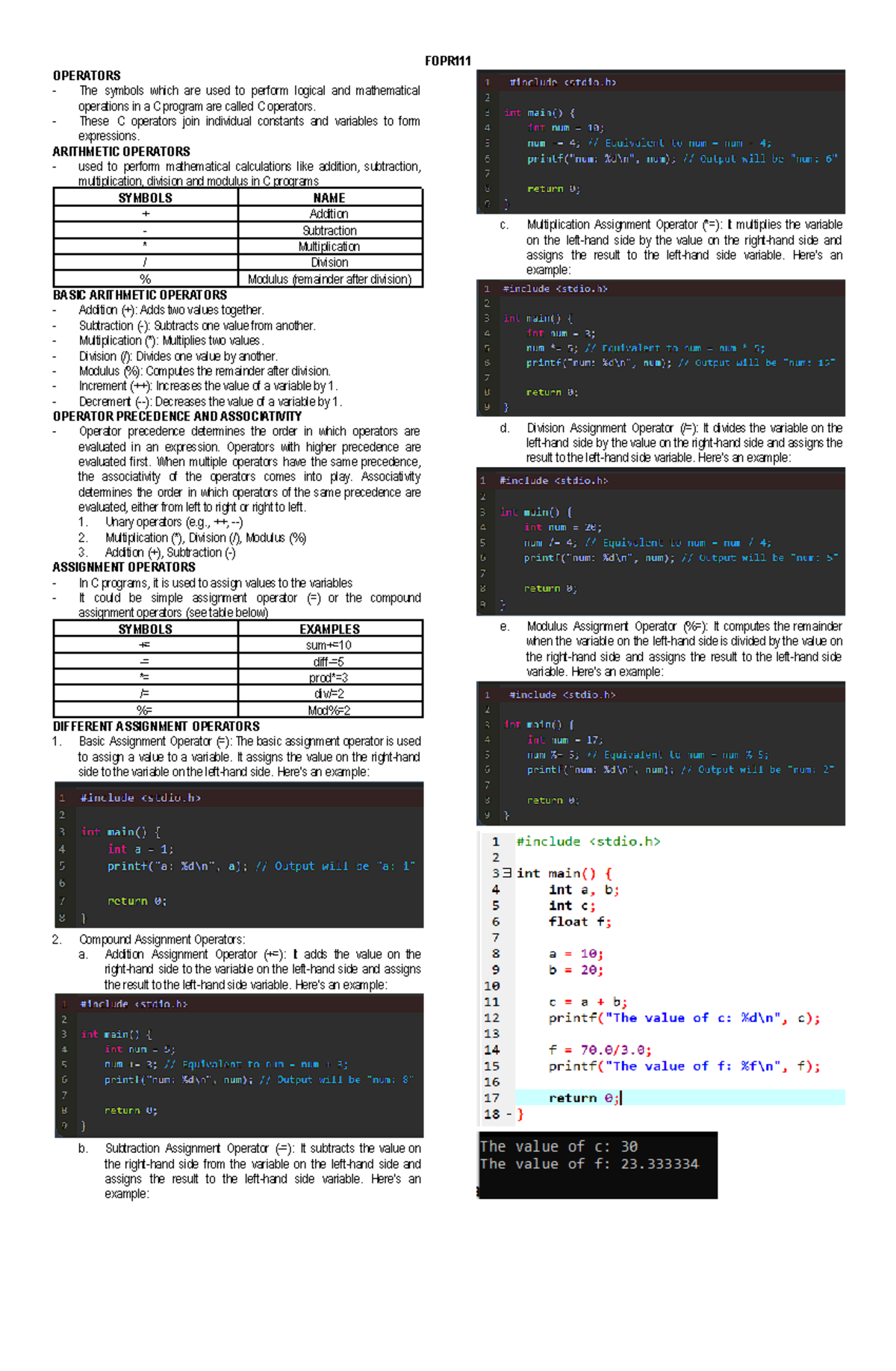 FOPR111 - fundamentals of programming - FOPR OPERATORS The symbols ...