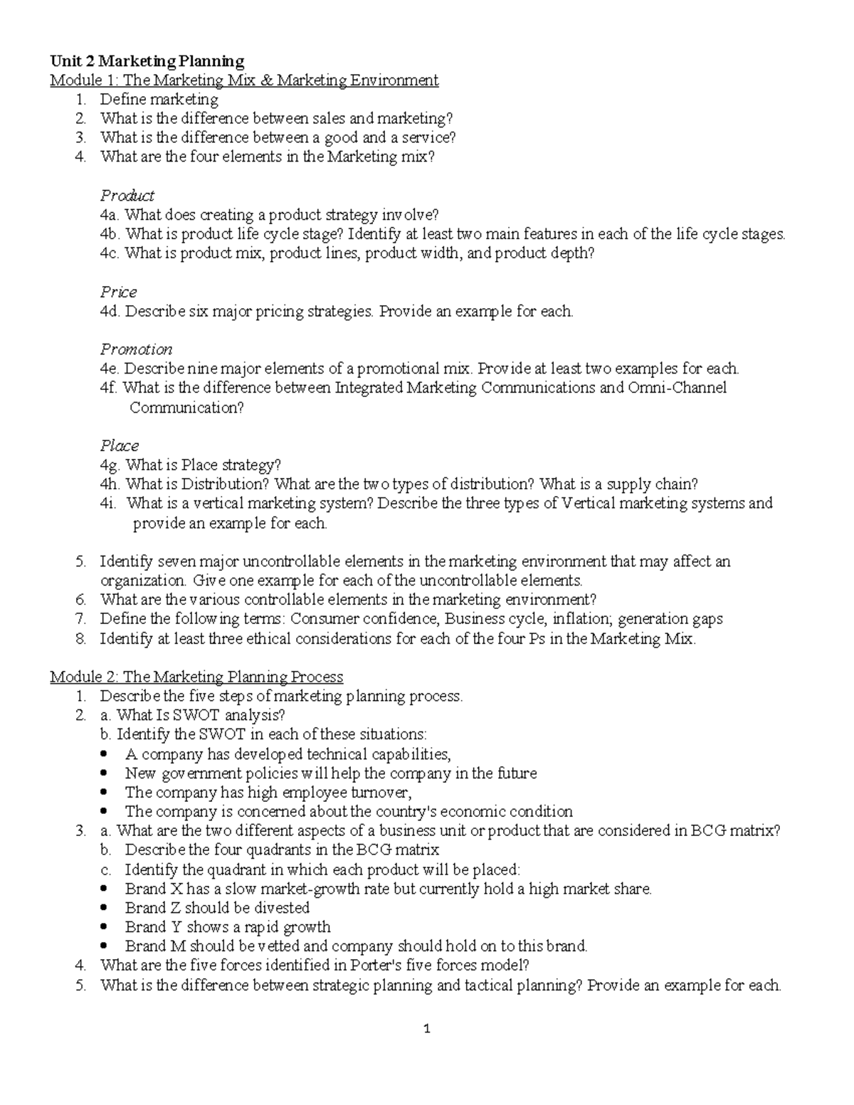 D077 Study Questions (Full Set) - Unit 2 Marketing Planning Module 1 ...