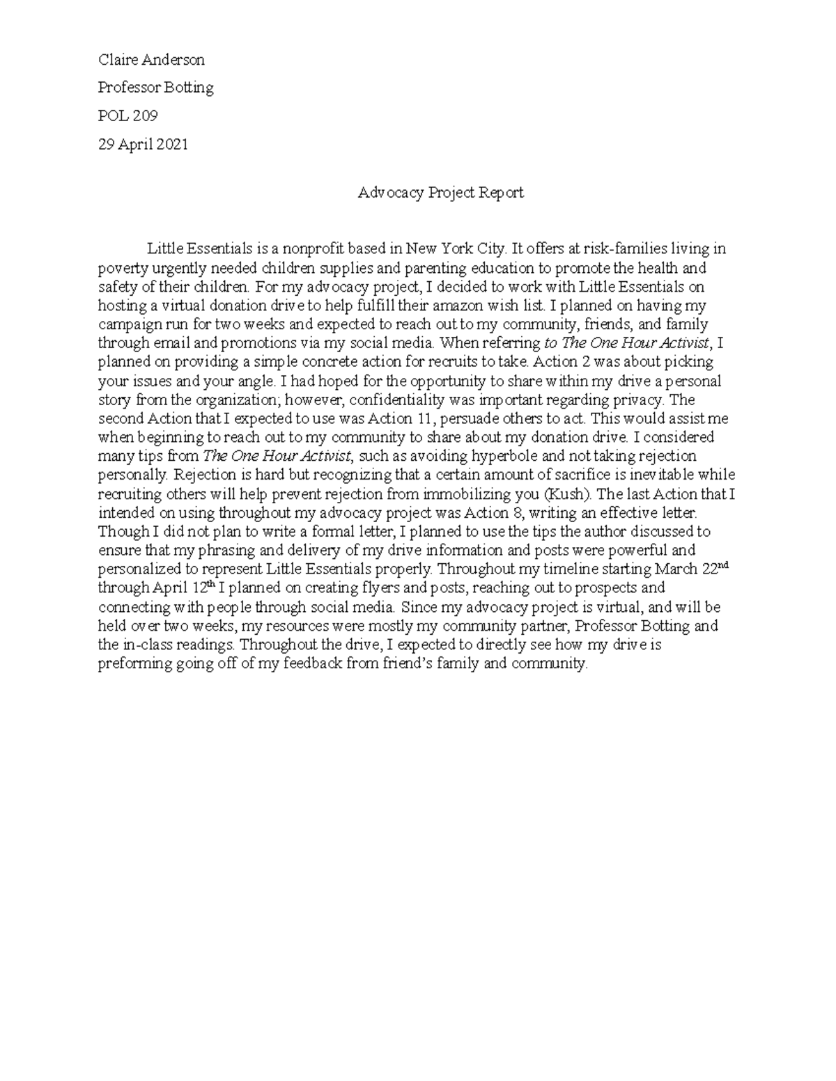 Advocacy Project Report for leadership class - Professor Botting POL ...