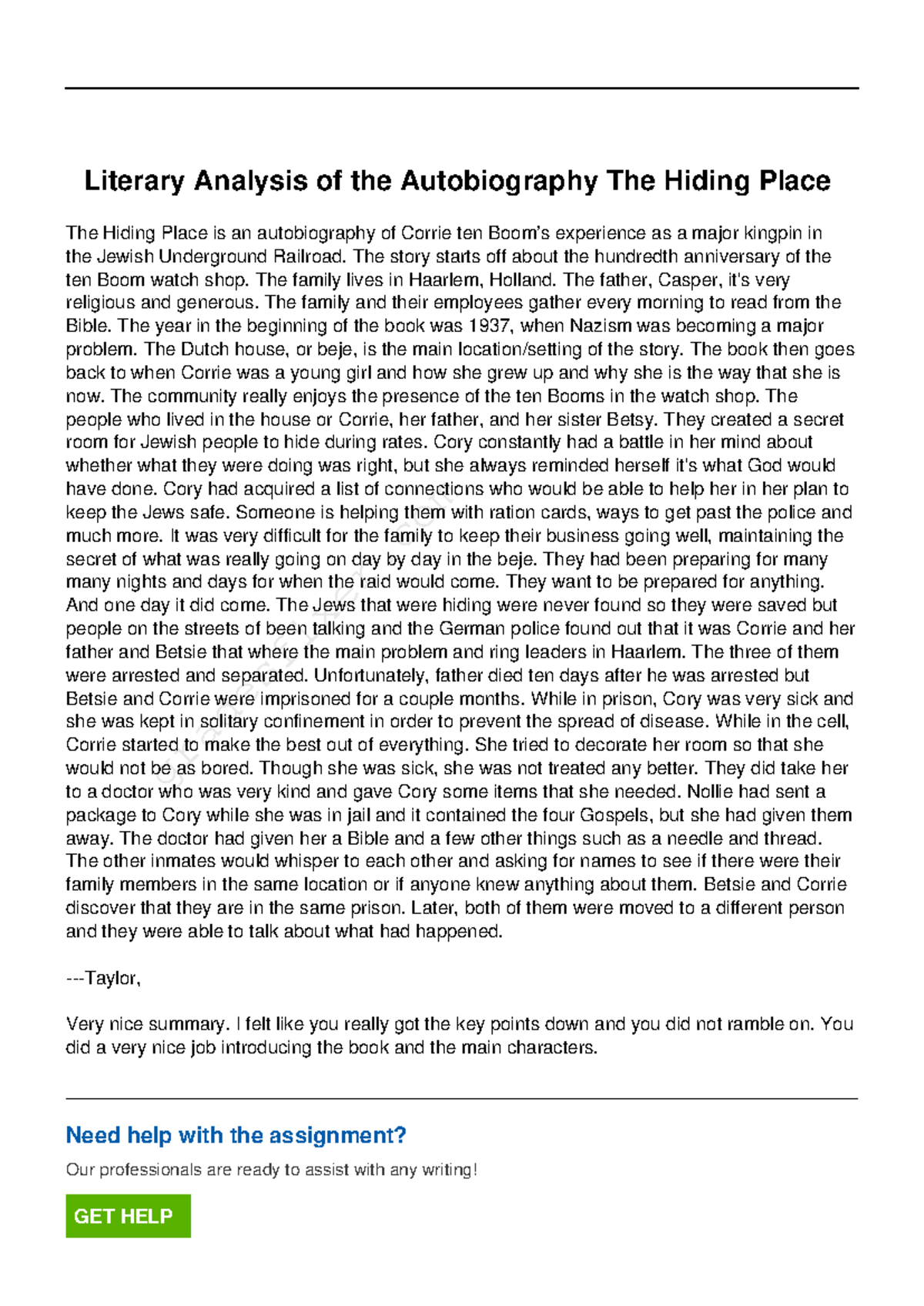 Literary analysis of the autobiography the hiding place - Literary ...