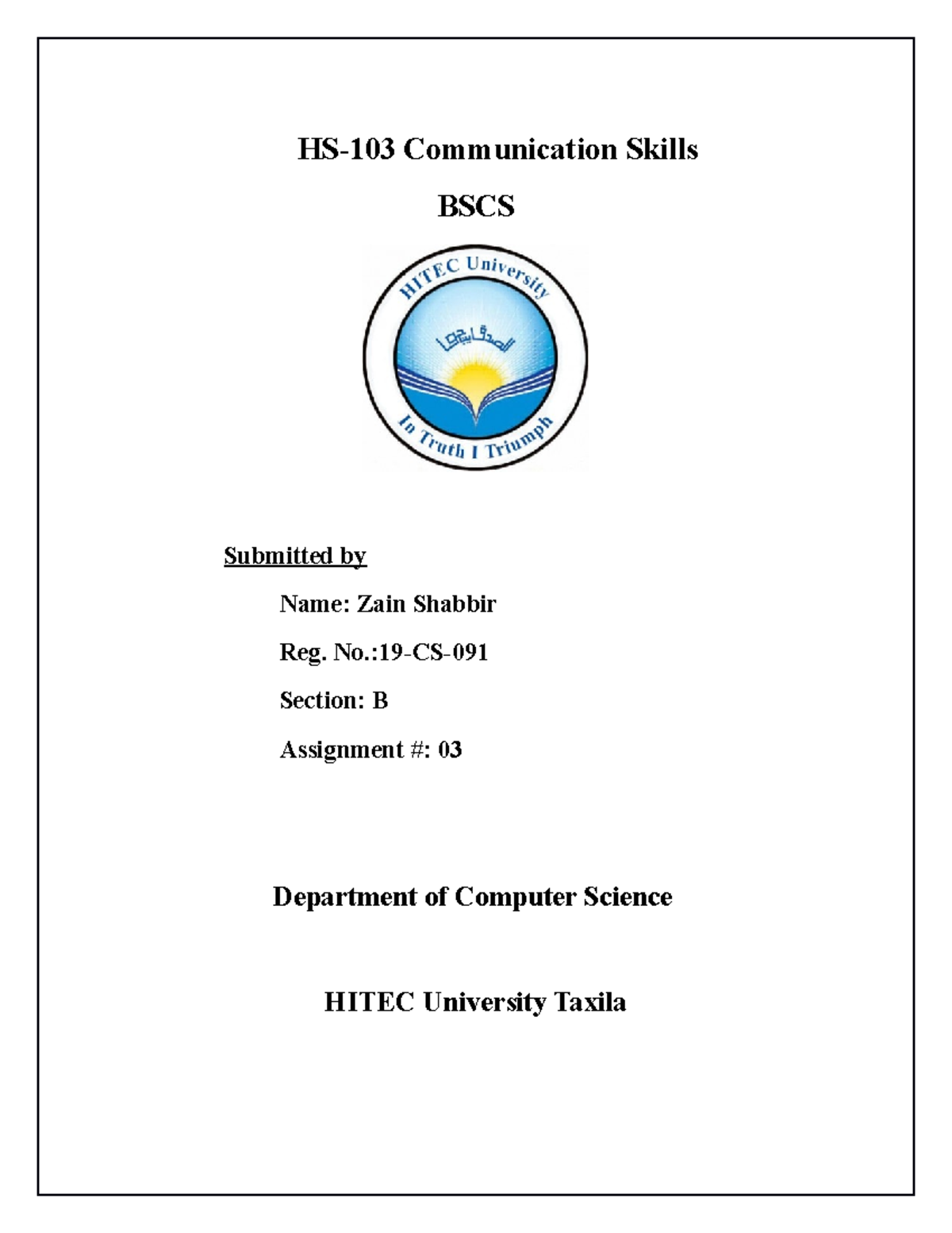 Communication Skills assignment 3 - HS-103 Communication Skills BSCS ...