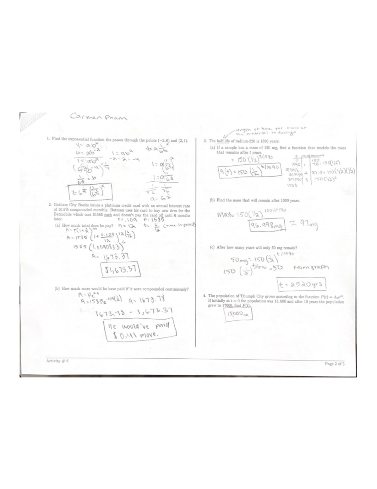 1. Find the exponential function the passes through the points (-2, 6) and (2, 1) - R Carmen ...