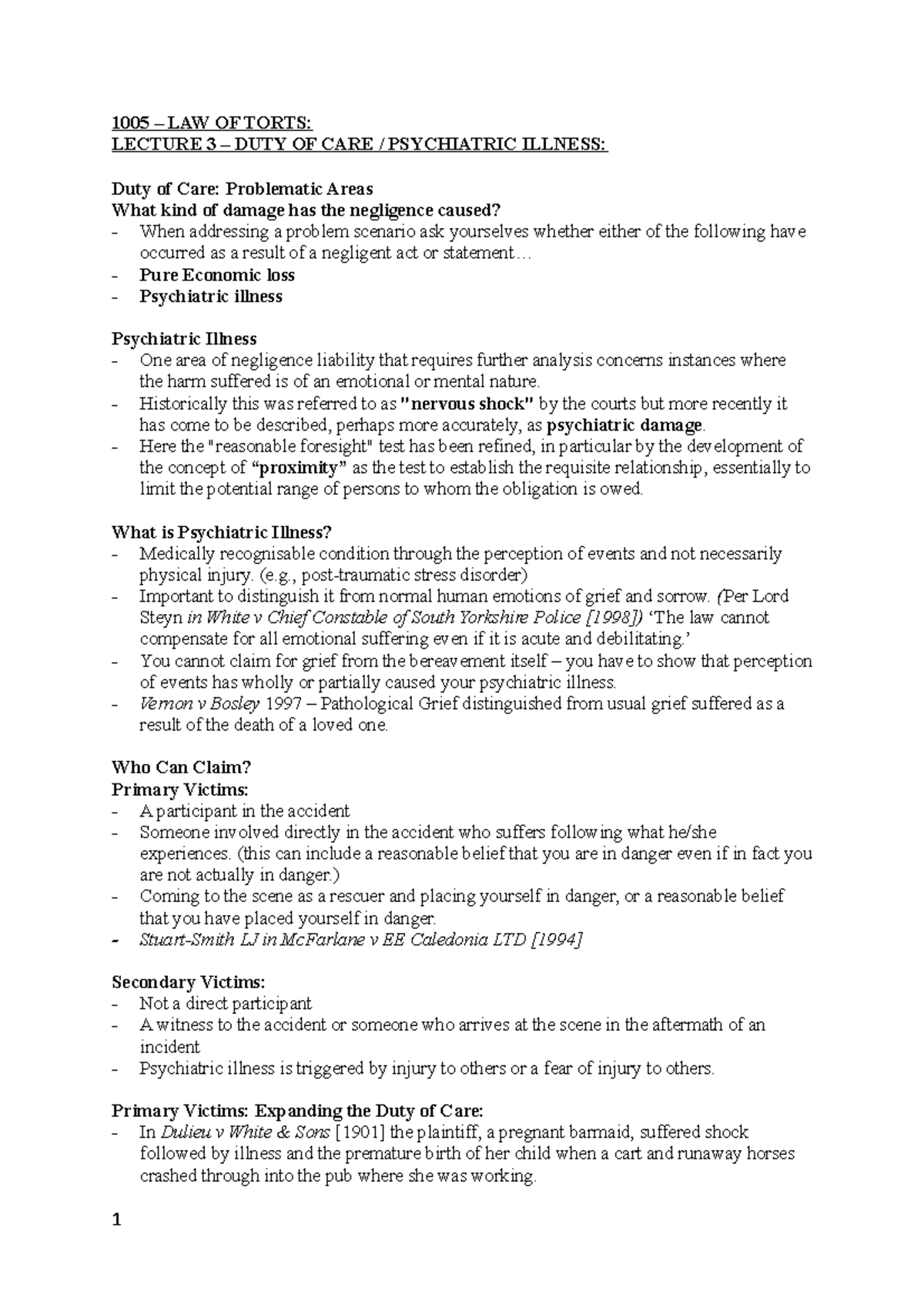 1005 Lecture 3 - Duty Of Care : Psychiatric Illness - 1005 – LAW OF ...