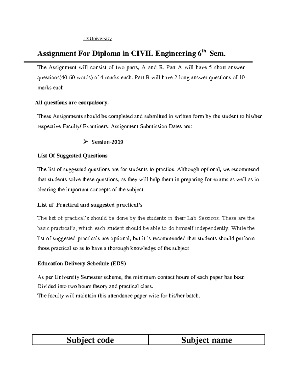 Assignment For diploma js in Civil Engineering 6th Sem - J S University ...