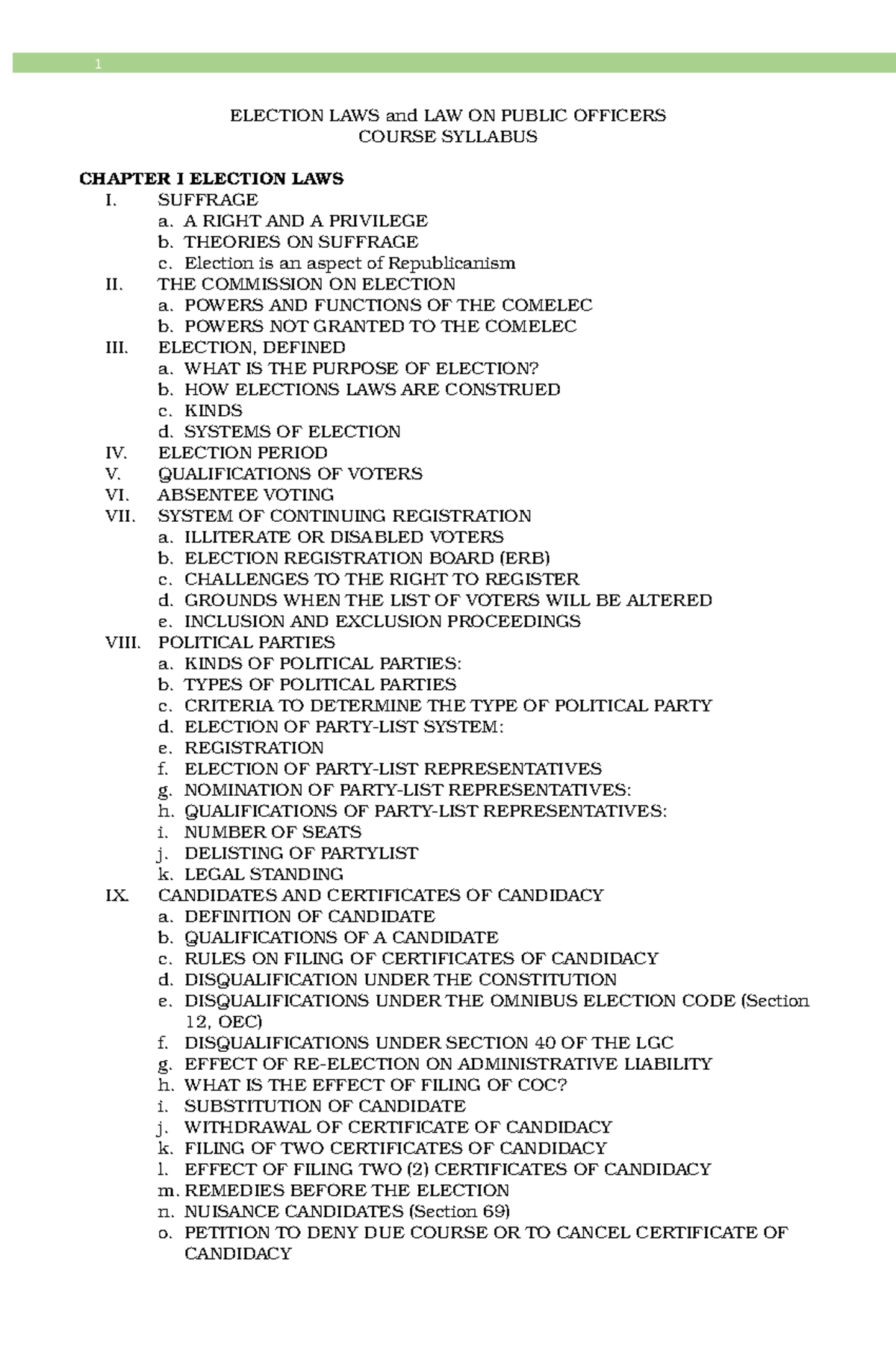 Election LAWS and LAW ON Public Officers syllabus - ELECTION LAWS and ...