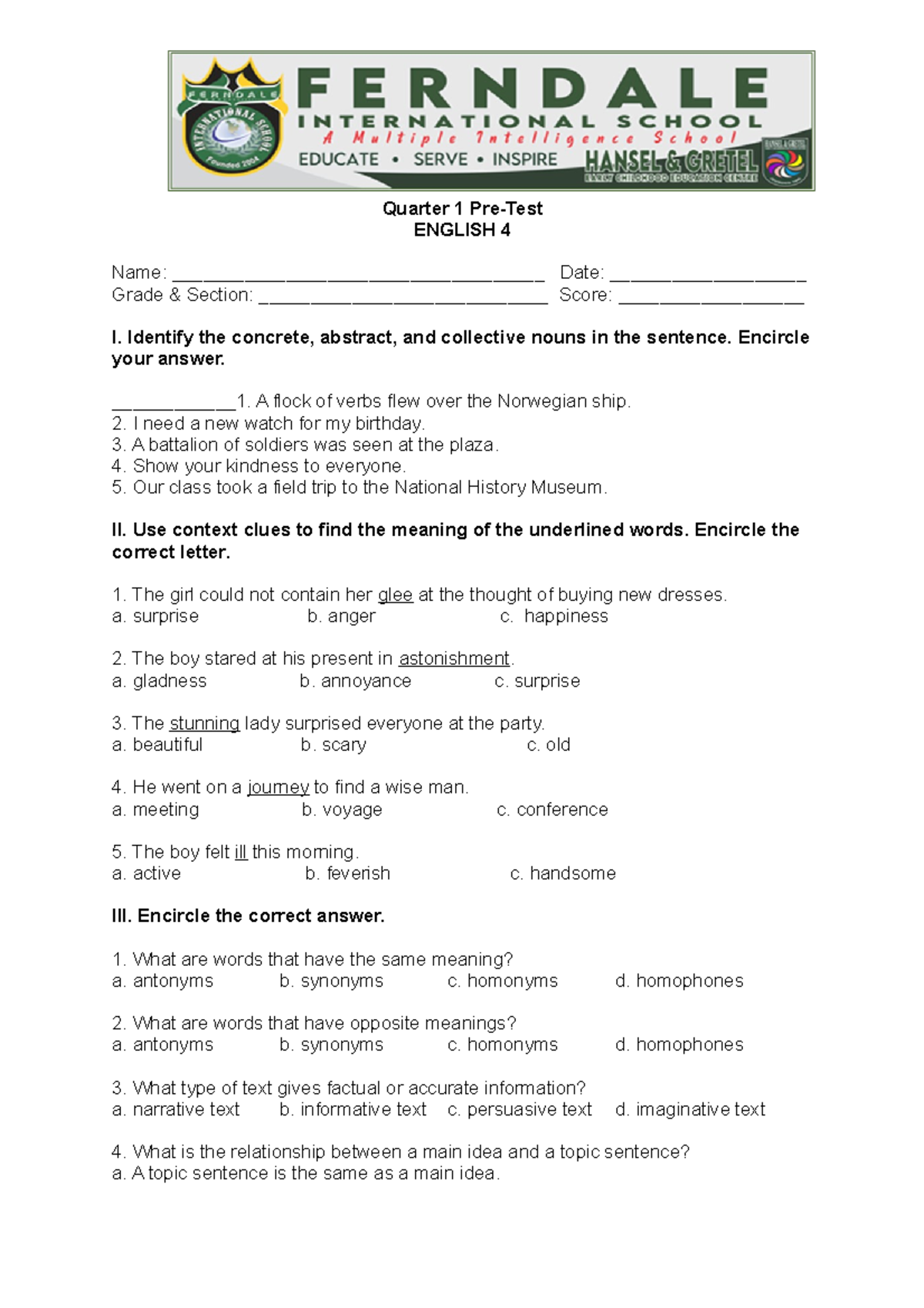 Pre Test Grade 4 - pre test - Quarter 1 Pre-Test ENGLISH 4 Name: - Studocu