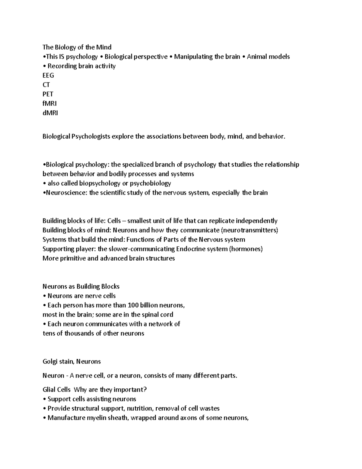 Studocu notes Nueroscience and behavior - The Biology of the Mind •This ...