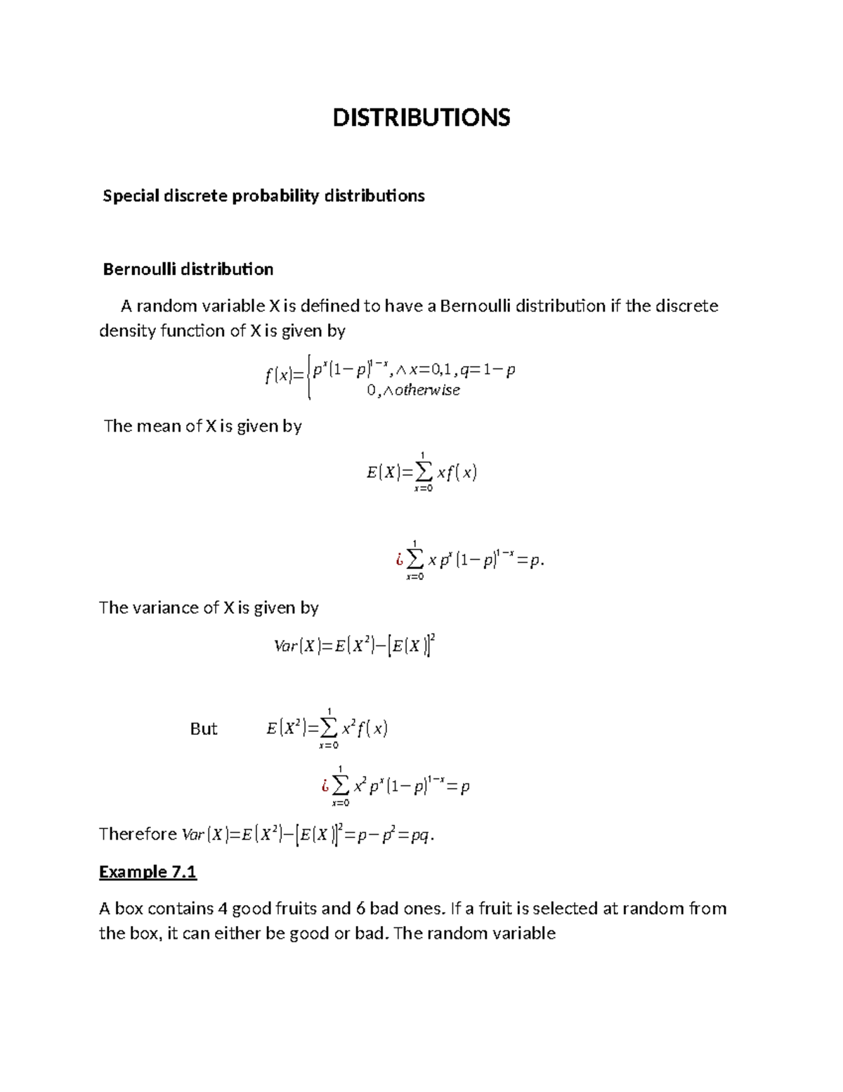 204 notes - DISTRIBUTIONS Special discrete probability distributions ...