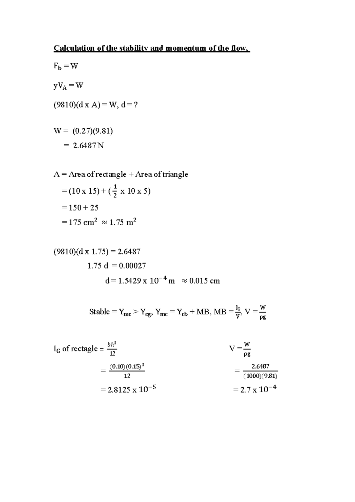 CALC Fluid - Calculation of the stability and momentum of the flow, Fb ...