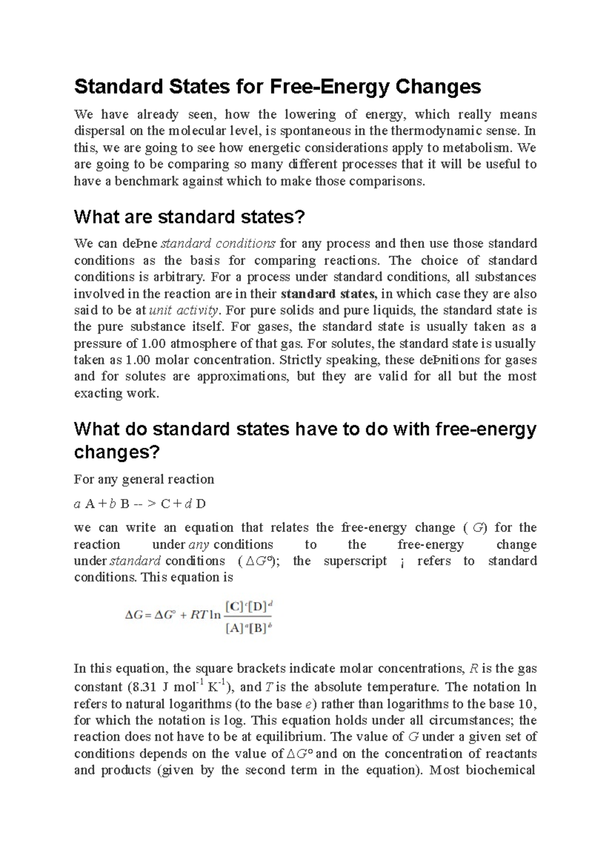Standard States for Free-Energy Changes - In this, we are going to see ...
