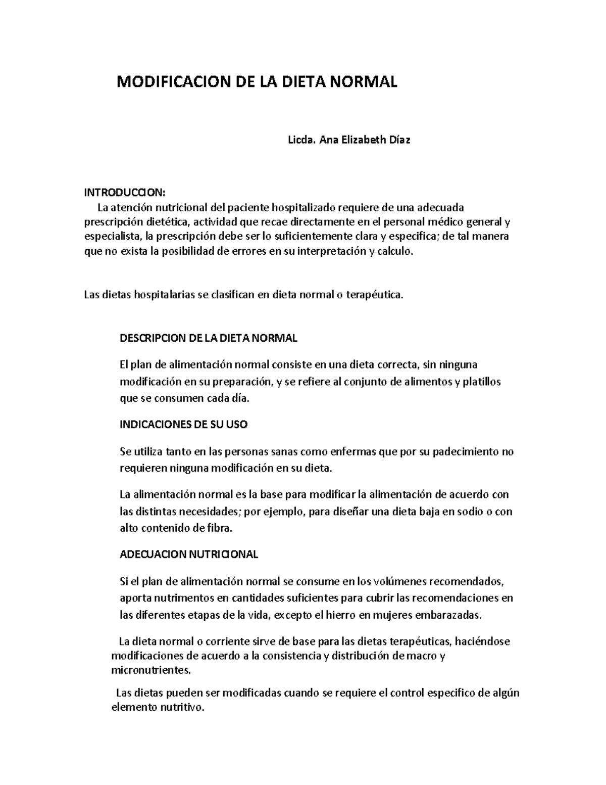Dietas Modificadas documento - MODIFICACION DE LA DIETA NORMAL Licda ...